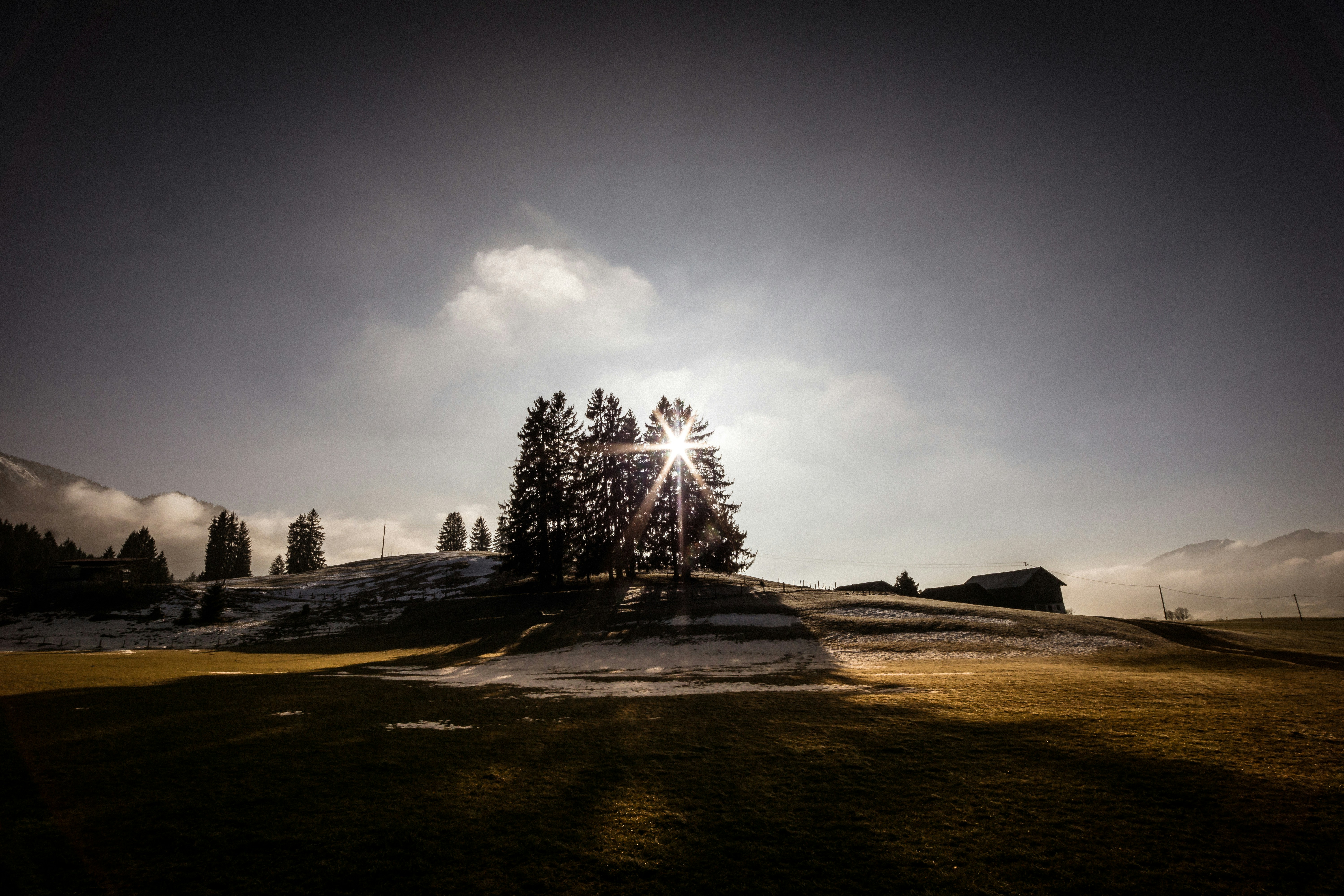 Silhouetted trees on a snow-dusted plateau under a bright sun.