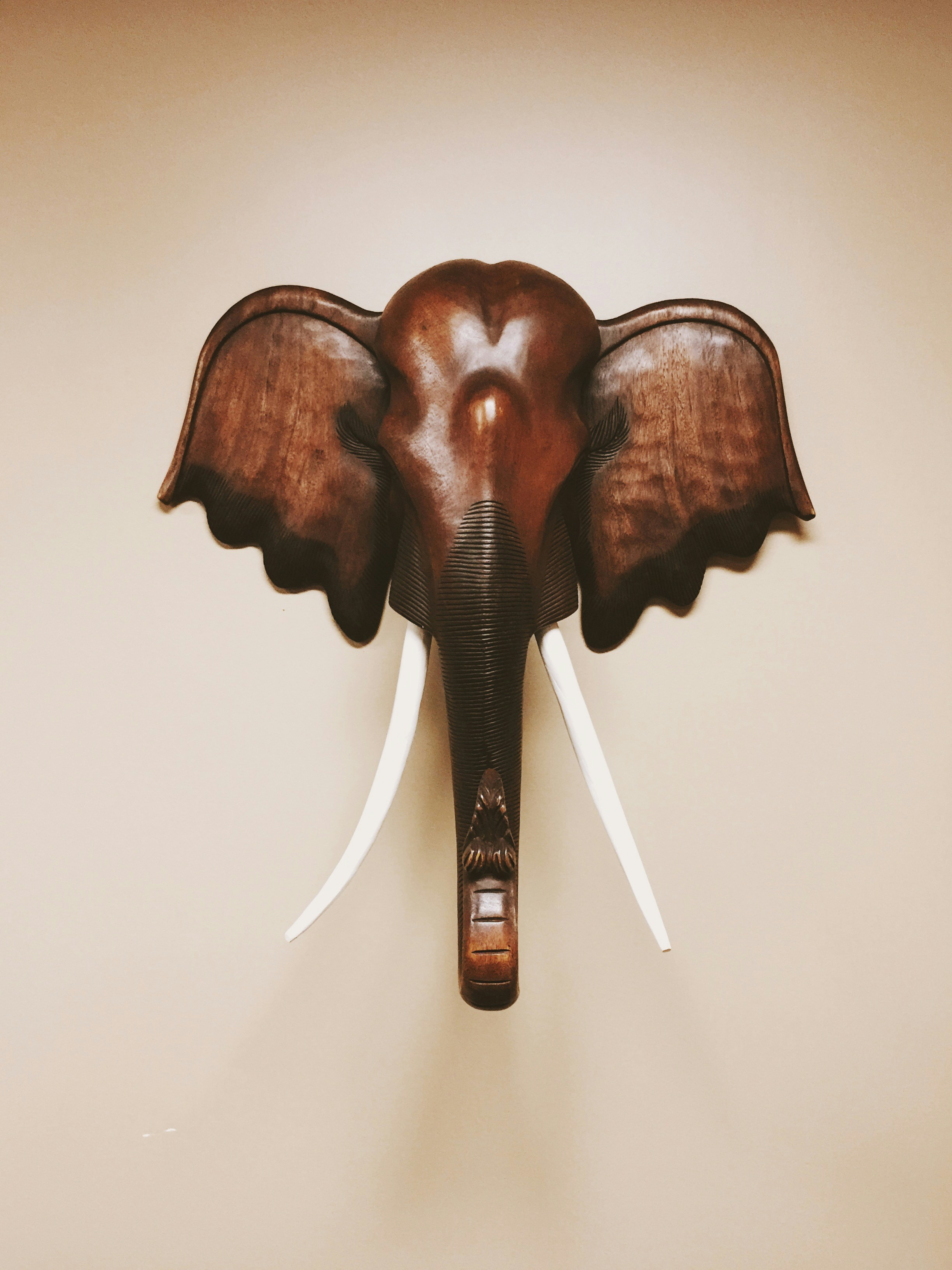Sculpted Midnight Elephant: A Toned Carving Reaching from Wall to Wonder