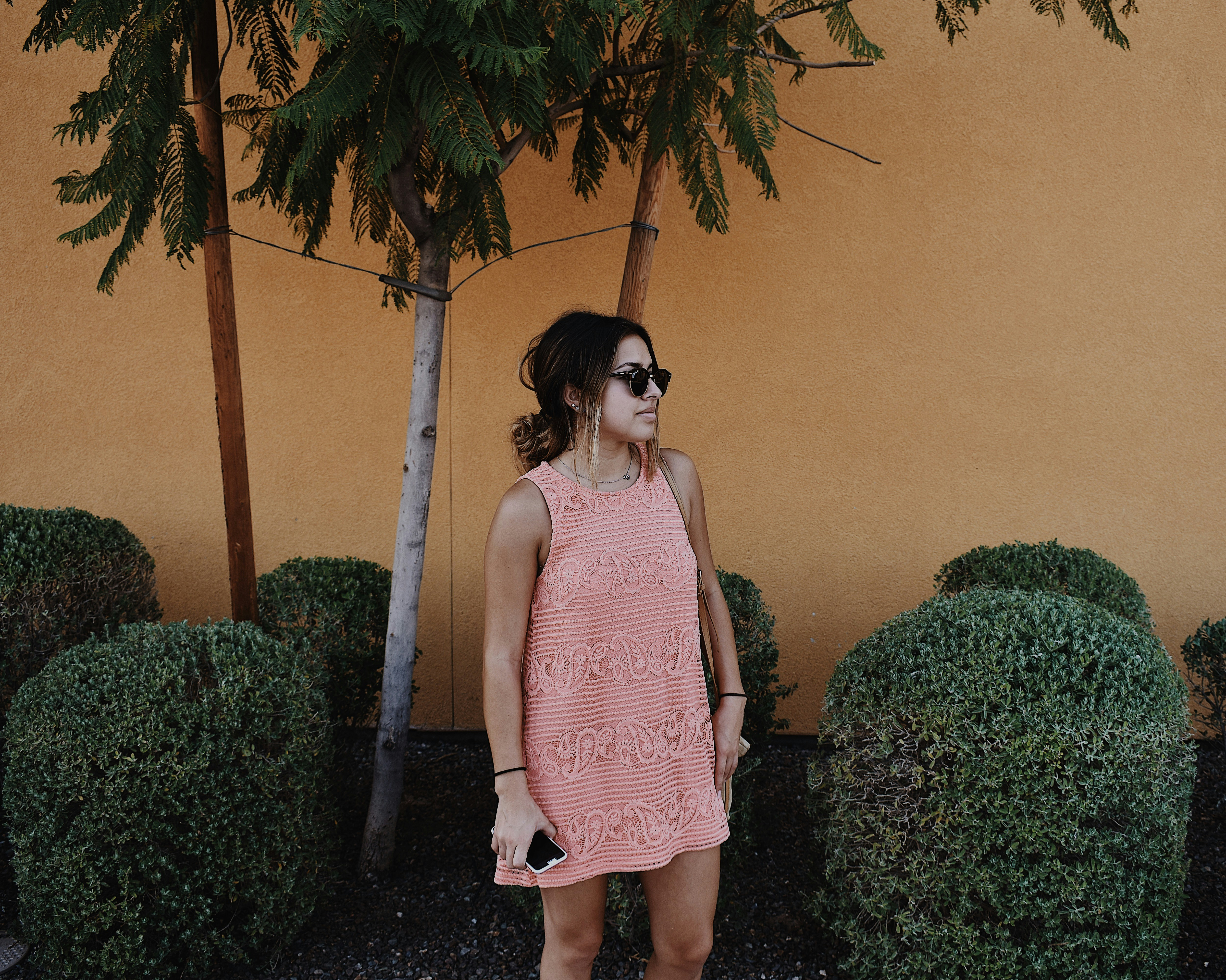 Rose-Tinted Summer: A Girl in Coral Lace Stands by Pruned Hedges