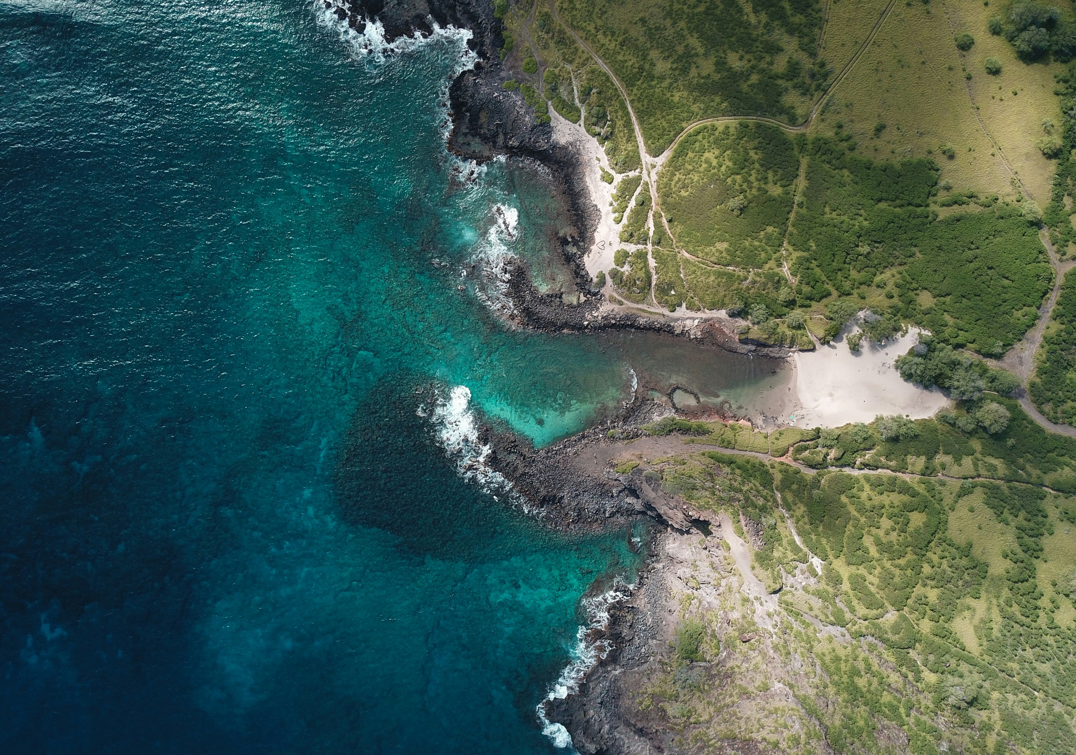 Aerial view of a rugged coastline featuring vibrant turquoise waters and a secluded sandy beach nestled among lush greenery.