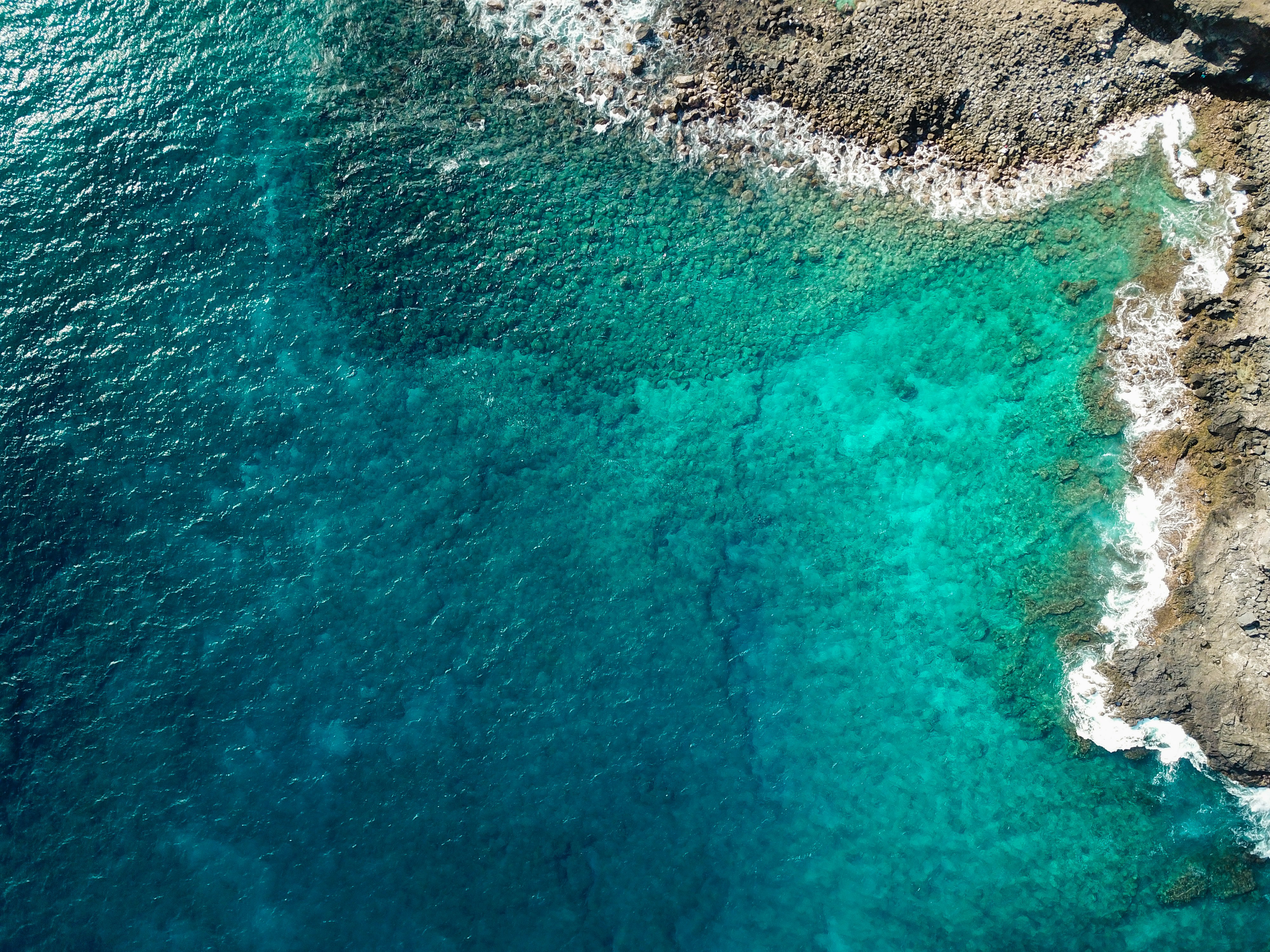 Aerial view of a rocky coastline with vibrant turquoise waters transitioning into deeper blue hues.