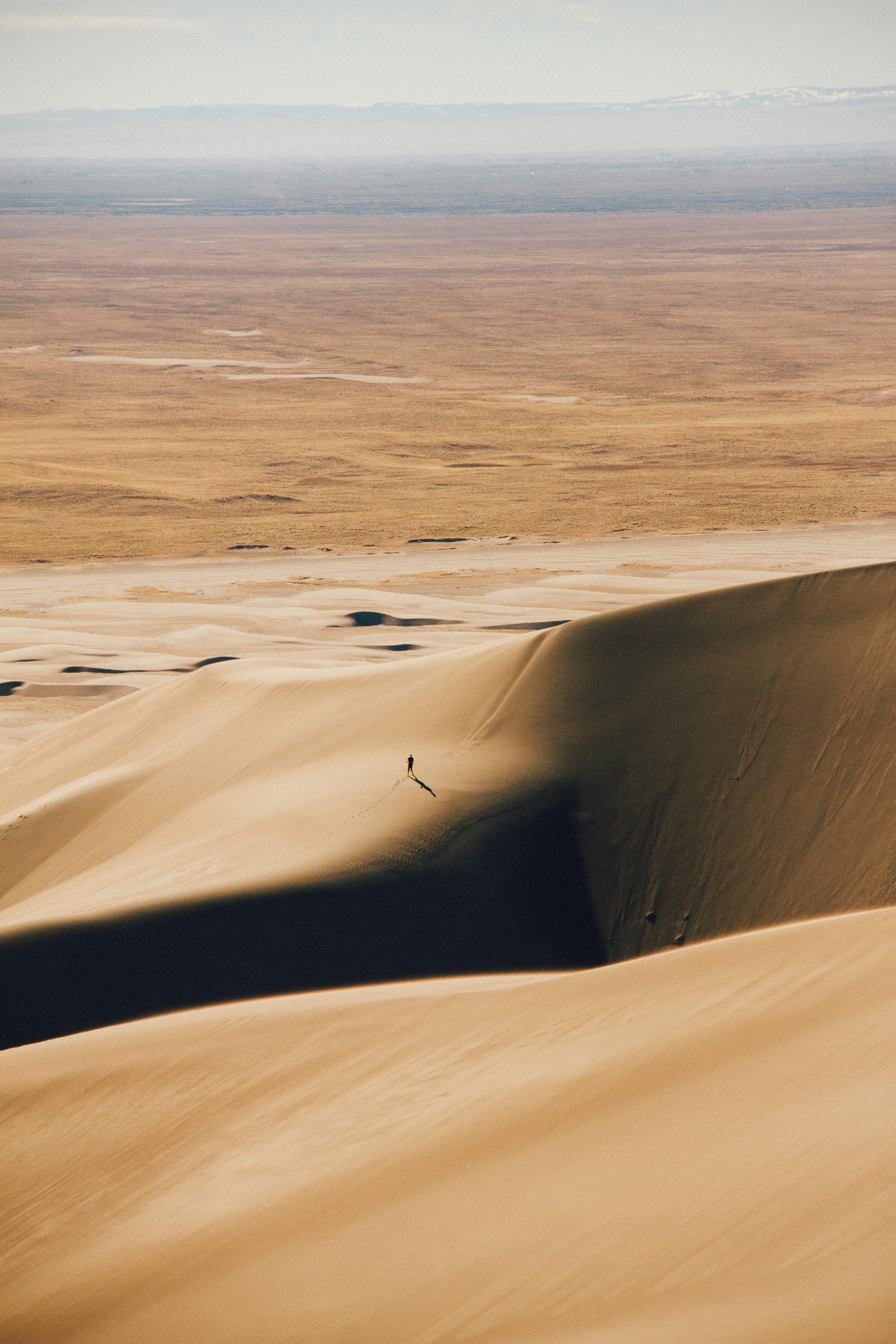 A lone figure traverses the undulating golden dunes of a vast desert landscape, casting a long shadow under the bright sky.