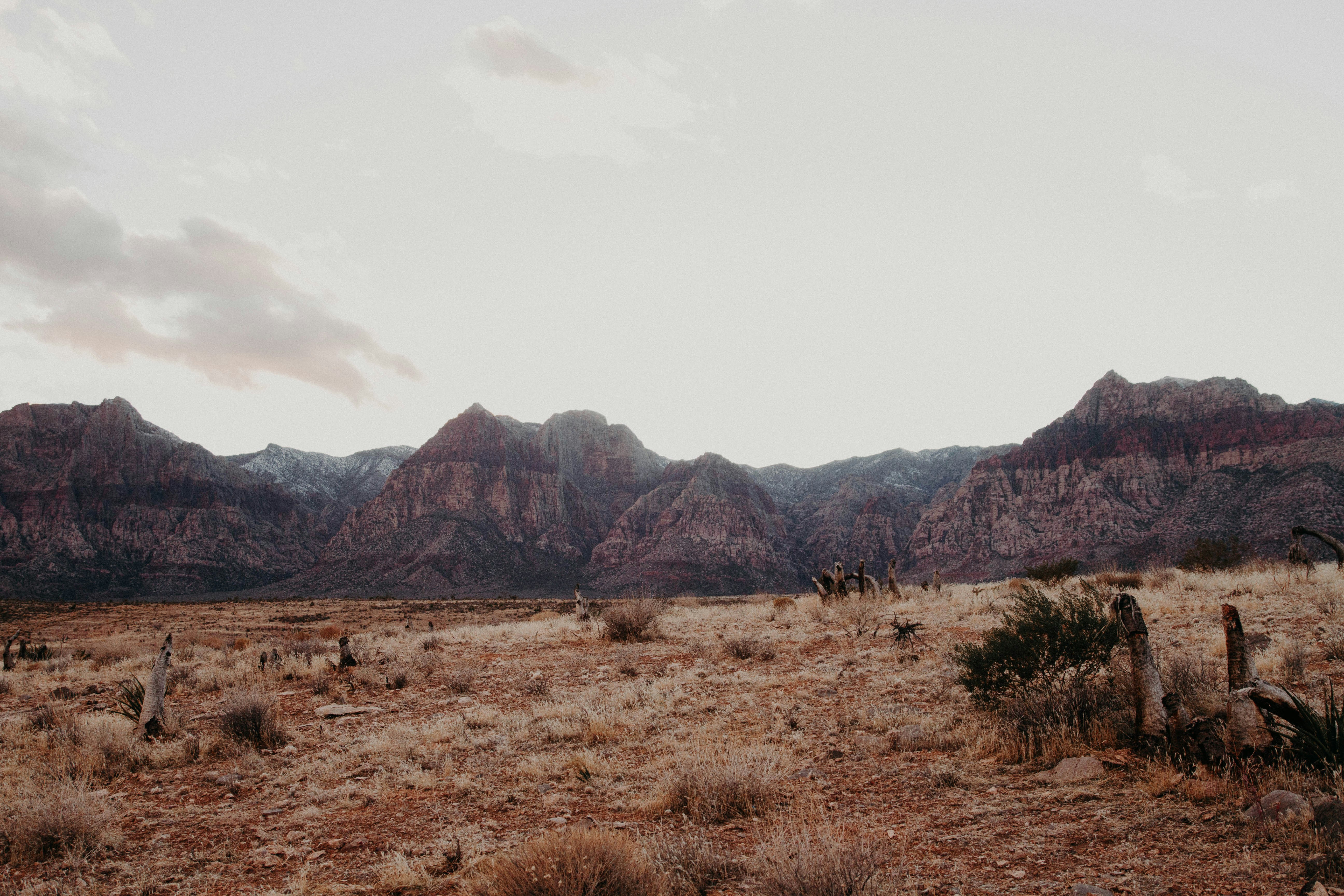 Expansive view of rugged mountains rising above a dry, brush-covered desert landscape under a pale sky.