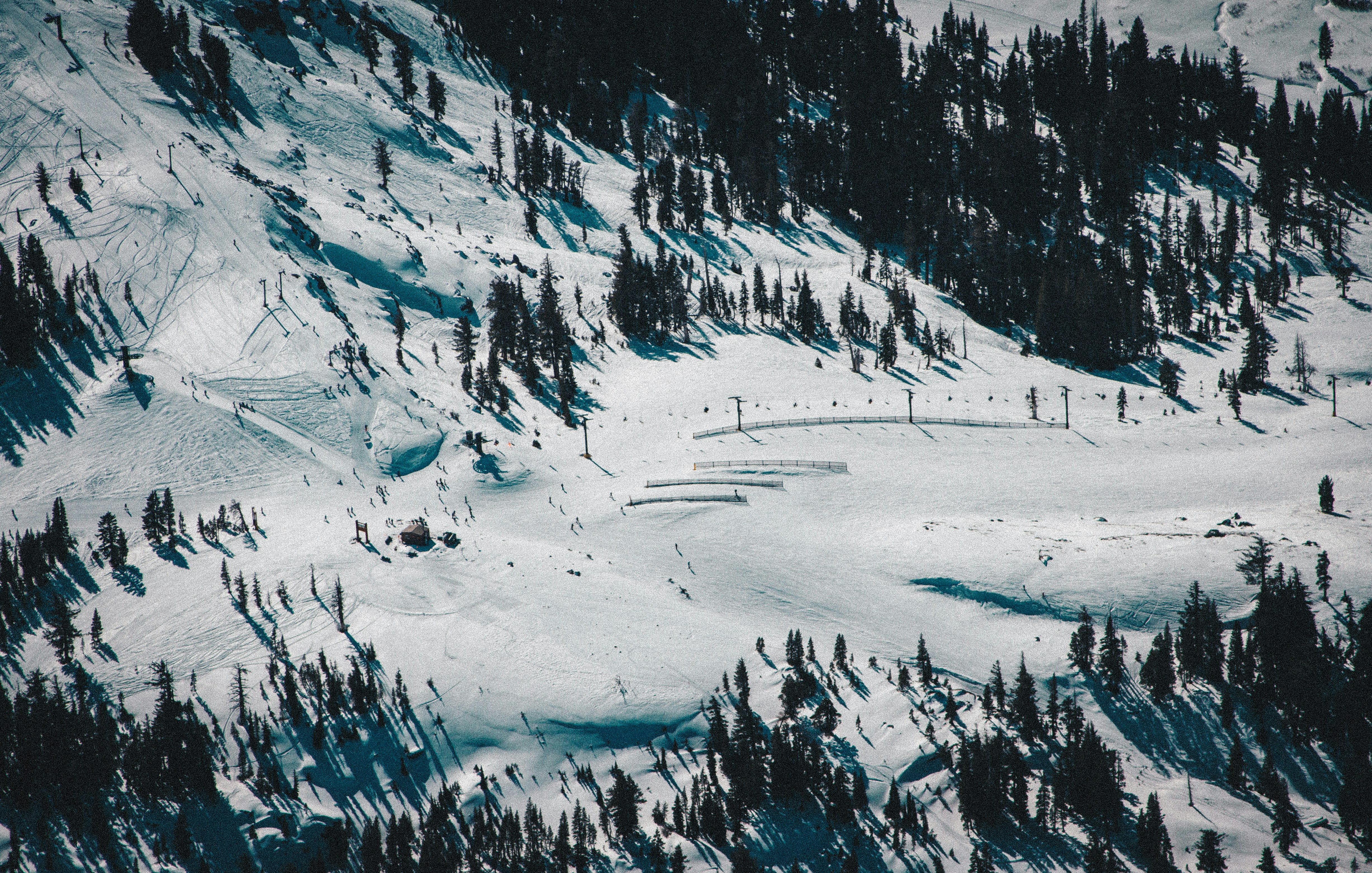 Aerial view of snow-covered trees and winding paths in a mountainous landscape.