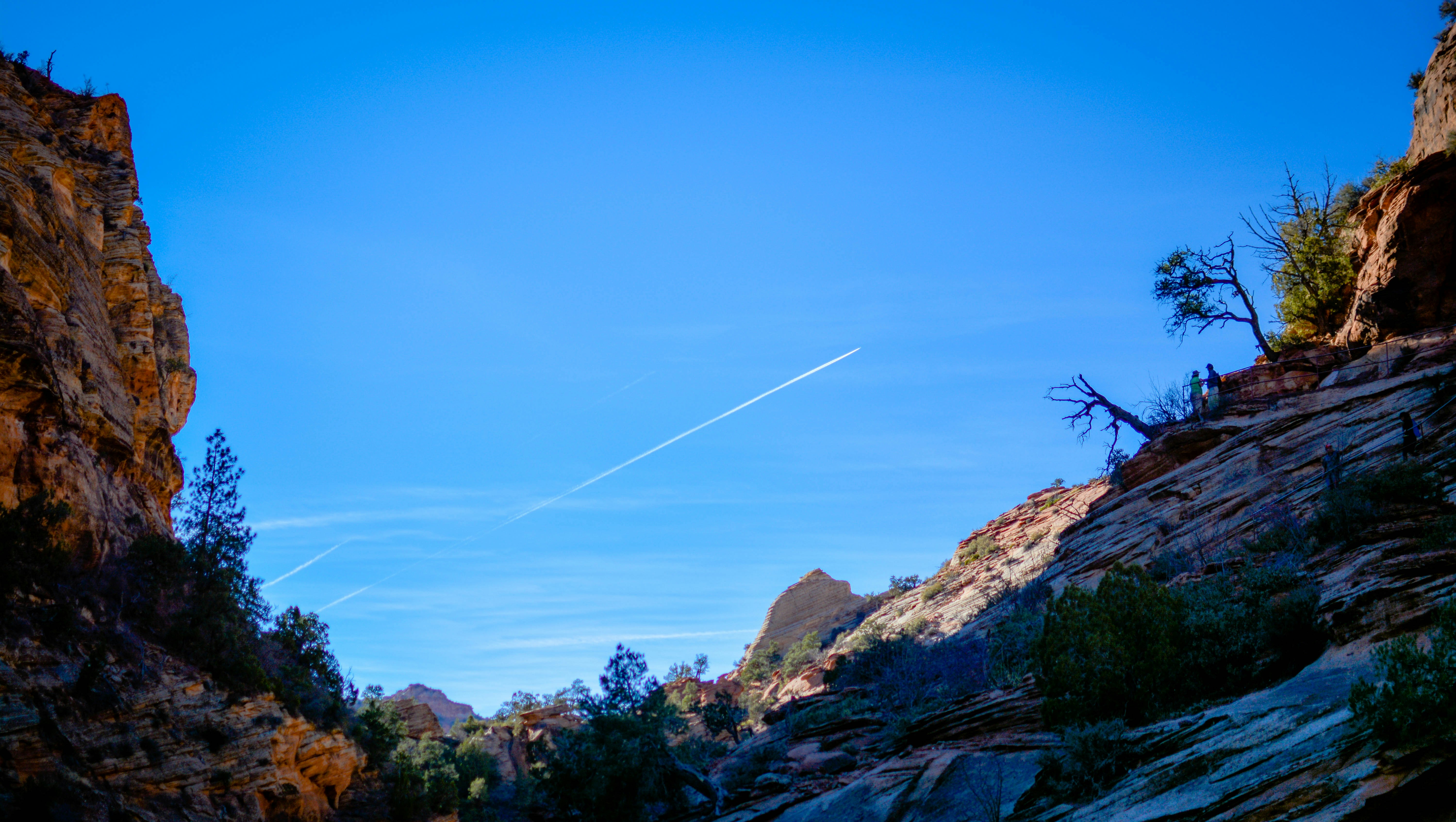 A tranquil canyon scene under a clear blue sky, featuring rugged rock formations and a faint contrail above. The natural beauty is accentuated by the lush greenery at the canyon's base.