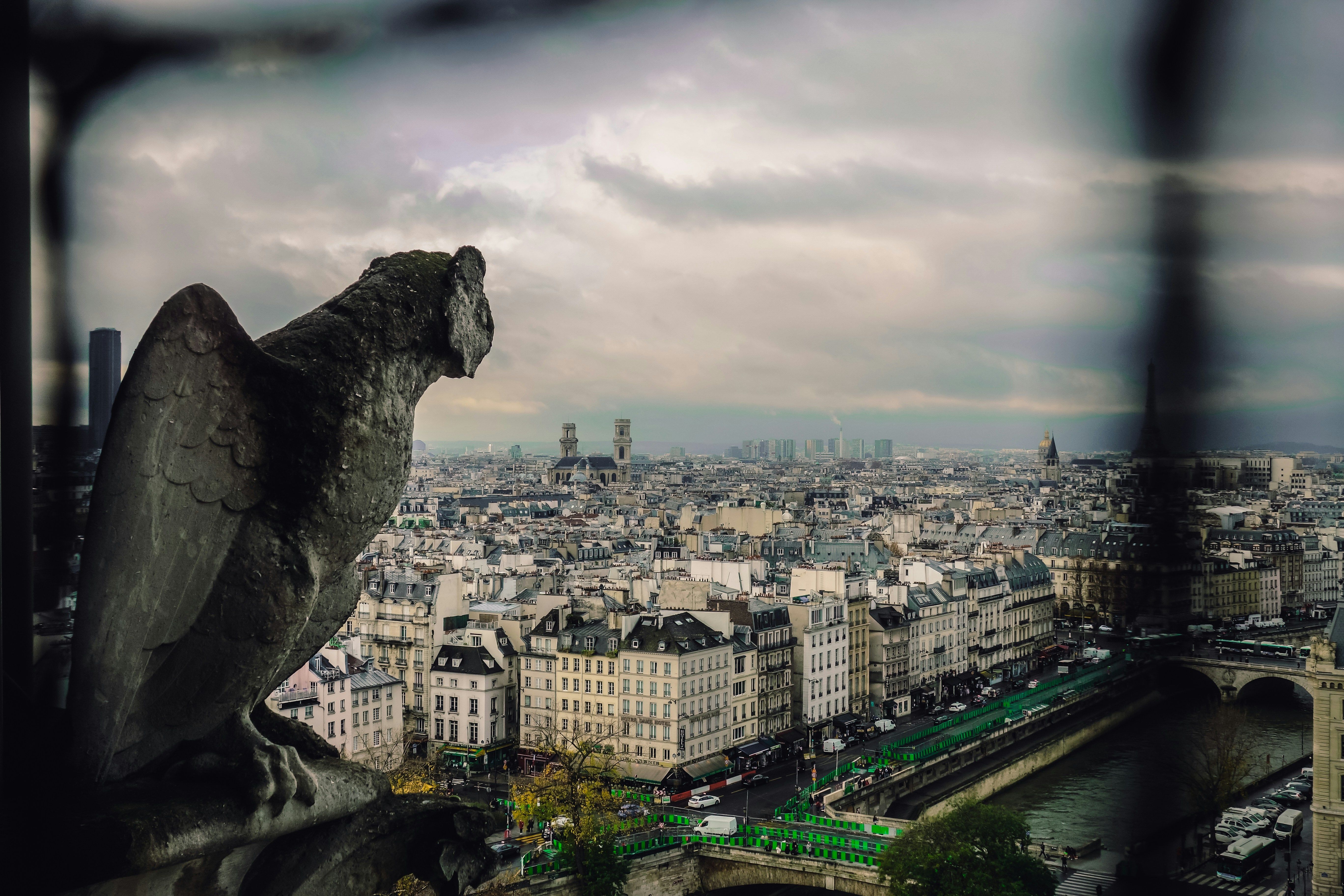 Gargoyle perched on a ledge overlooking the sprawling cityscape of Paris, with the Seine River winding through the urban landscape. 