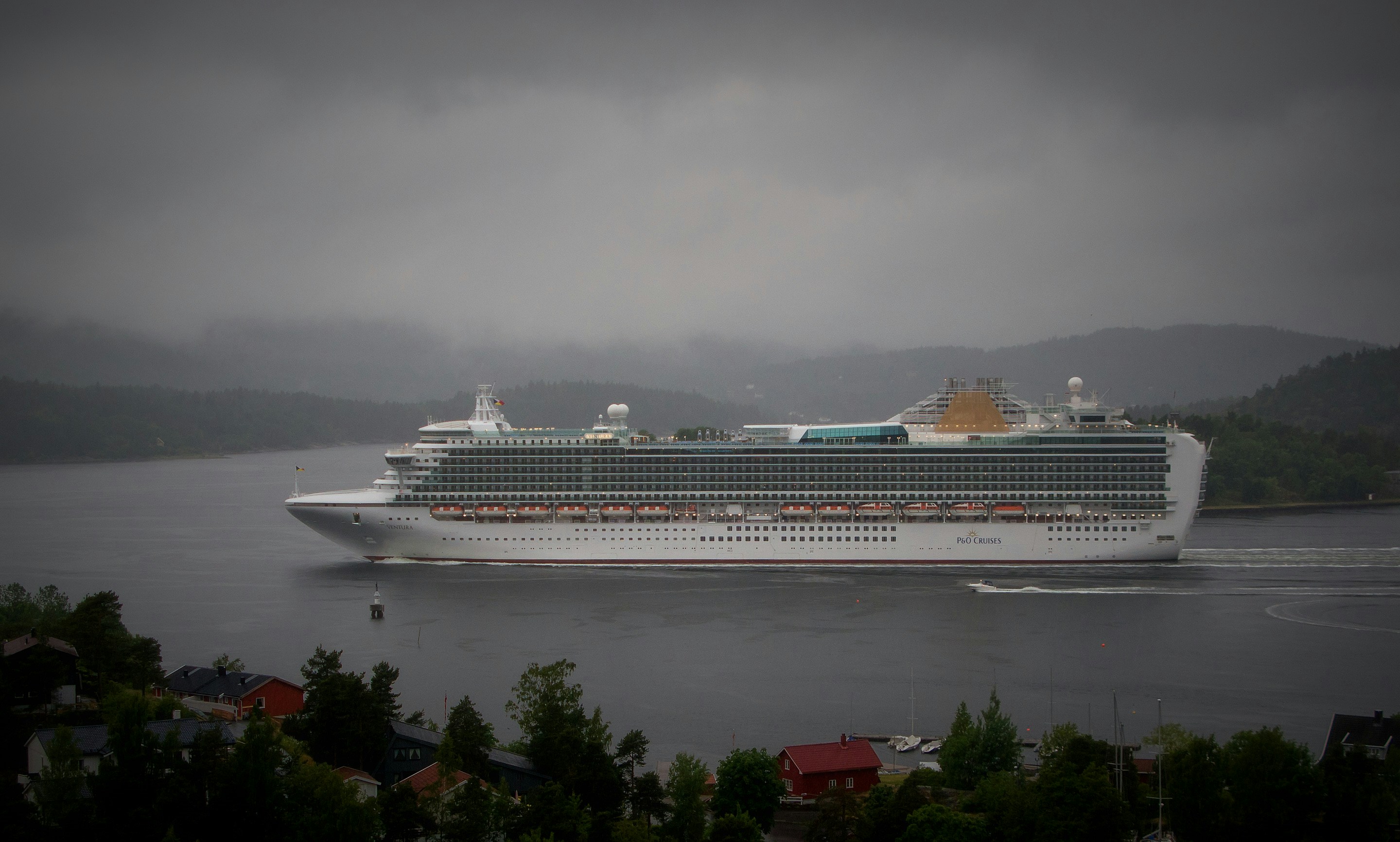 A majestic cruise ship gliding through a tranquil fjord under a cloudy sky, surrounded by lush greenery and quaint coastal homes.