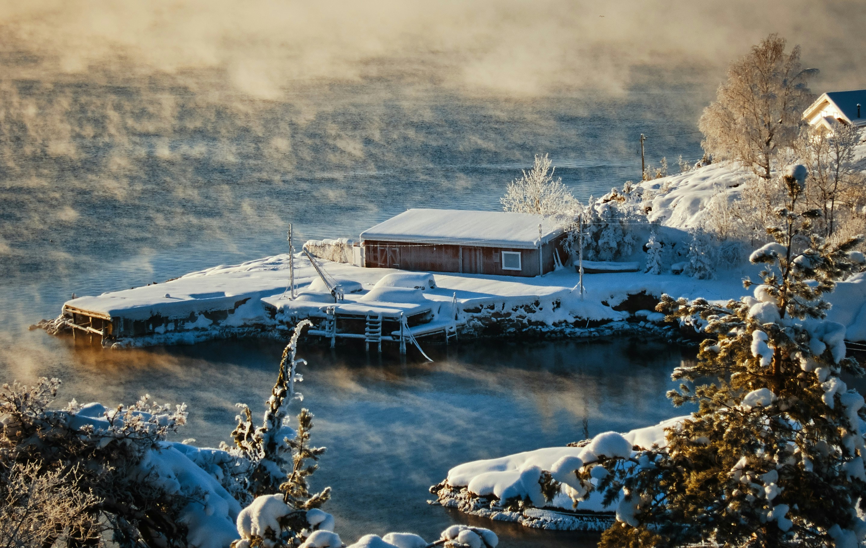 Snow-covered cabin and trees by a misty, frozen lake under soft morning light.