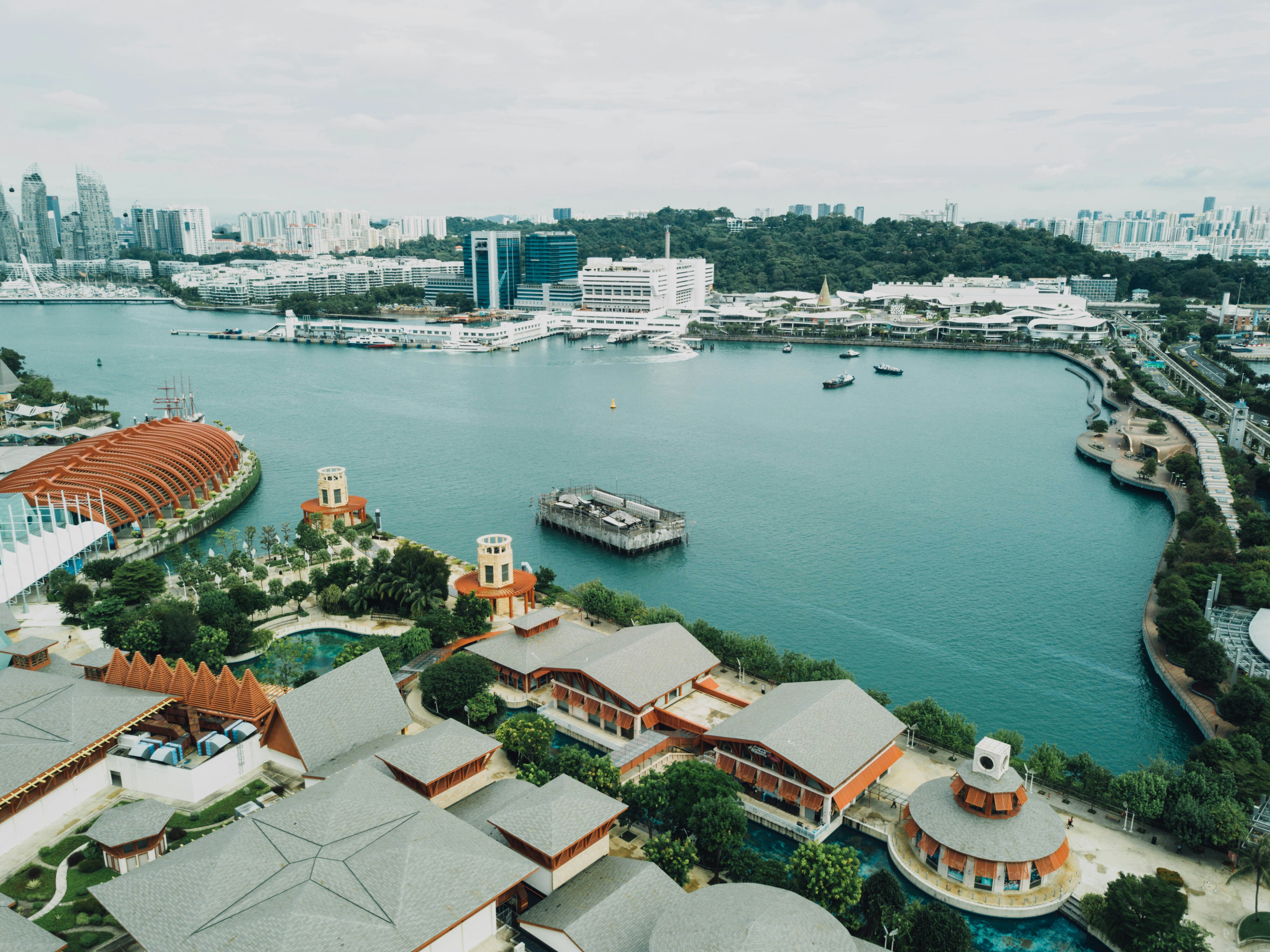 Aerial view of a tranquil waterfront area featuring modern architecture, lush greenery, and calm waters, showcasing urban life harmoniously blended with nature.