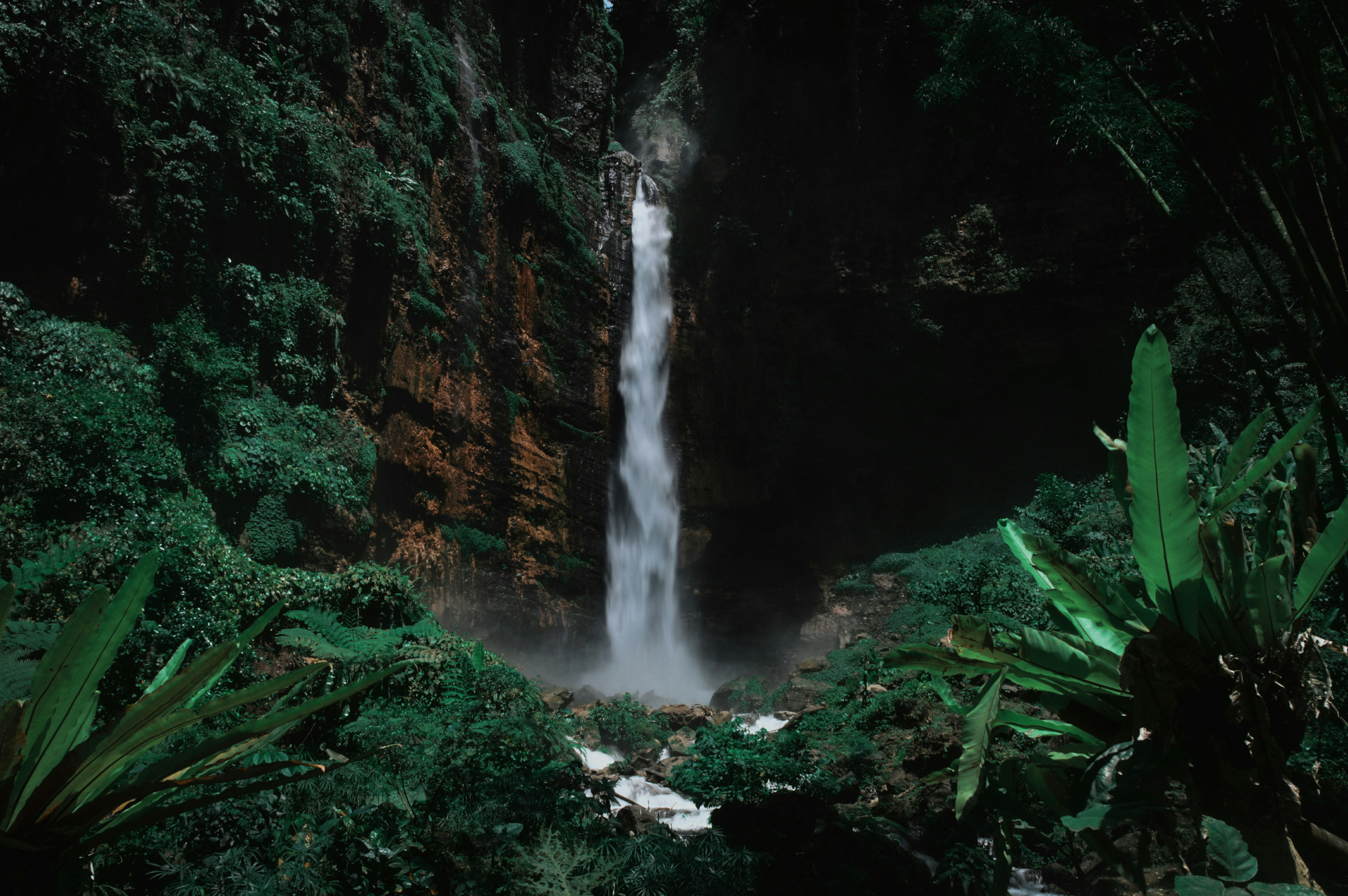Majestic waterfall cascading down rocky cliffs surrounded by dense tropical foliage. The mist rises, creating an ethereal atmosphere.