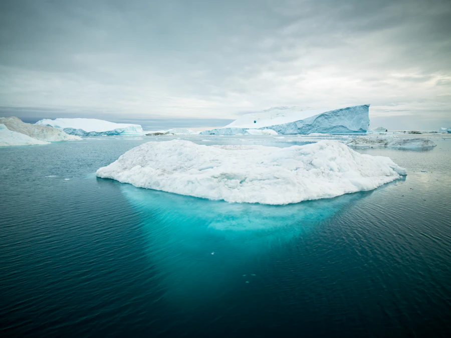 A low white iceberg floats in dark blue Arctic water, with larger ice formations and a cloudy sky stretching across the horizon.