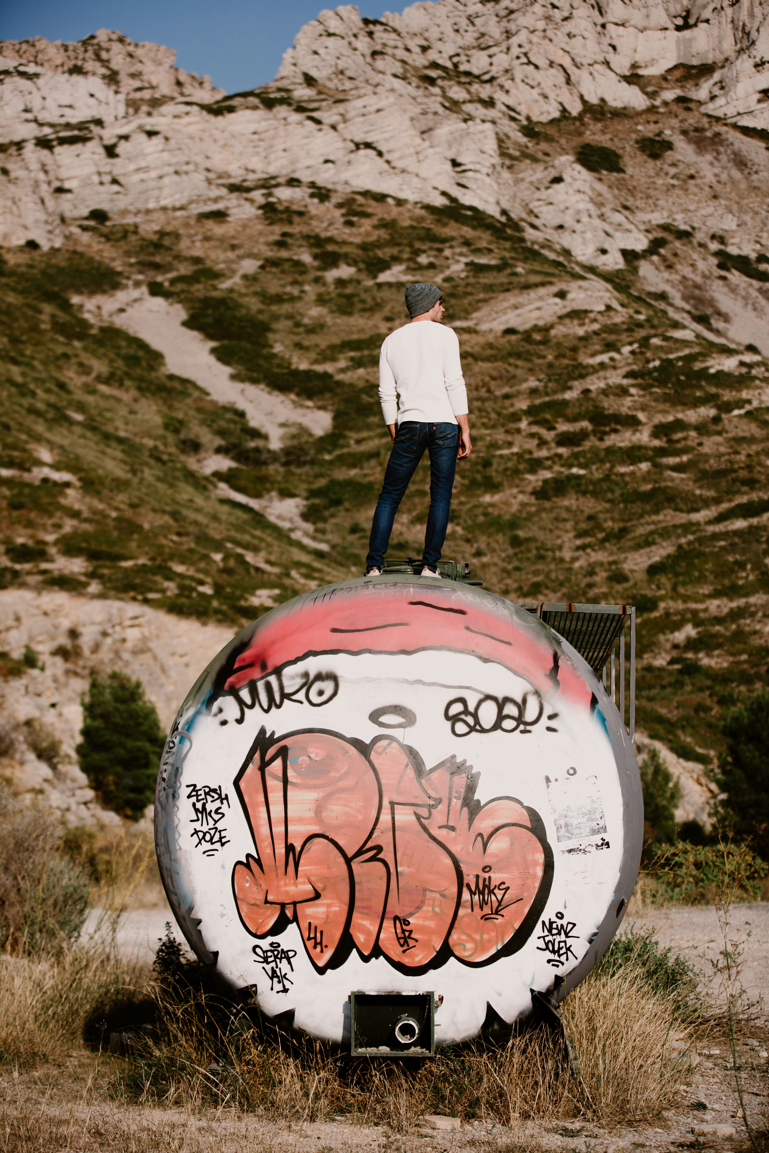 Sentinel on a Graffiti Dome Against a Rugged Desert Ridge