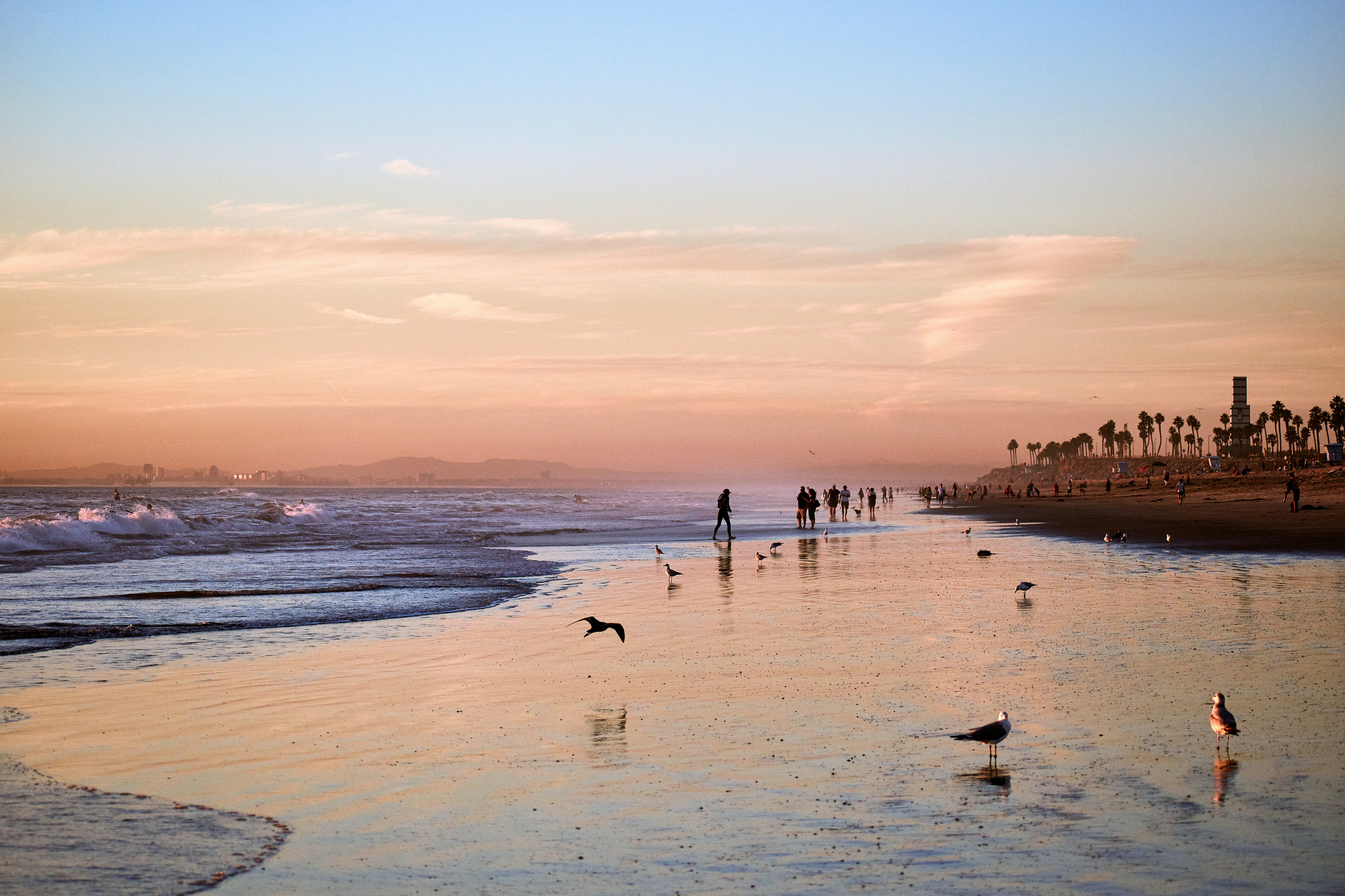 Beachfront at sunset with gentle waves and silhouetted figures on the shore.