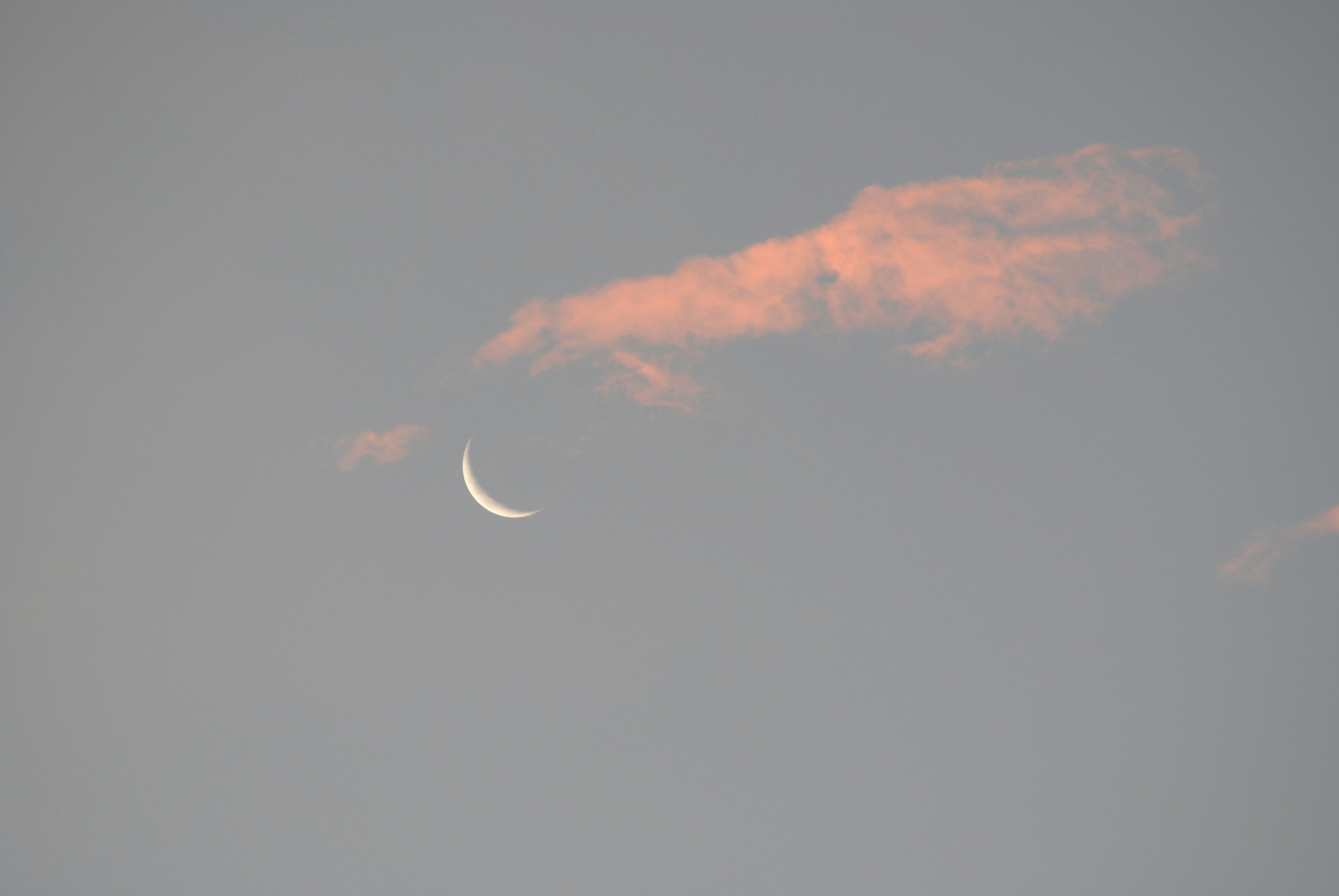 Crescent moon beside a pink-tinted cloud against a pale sky.
