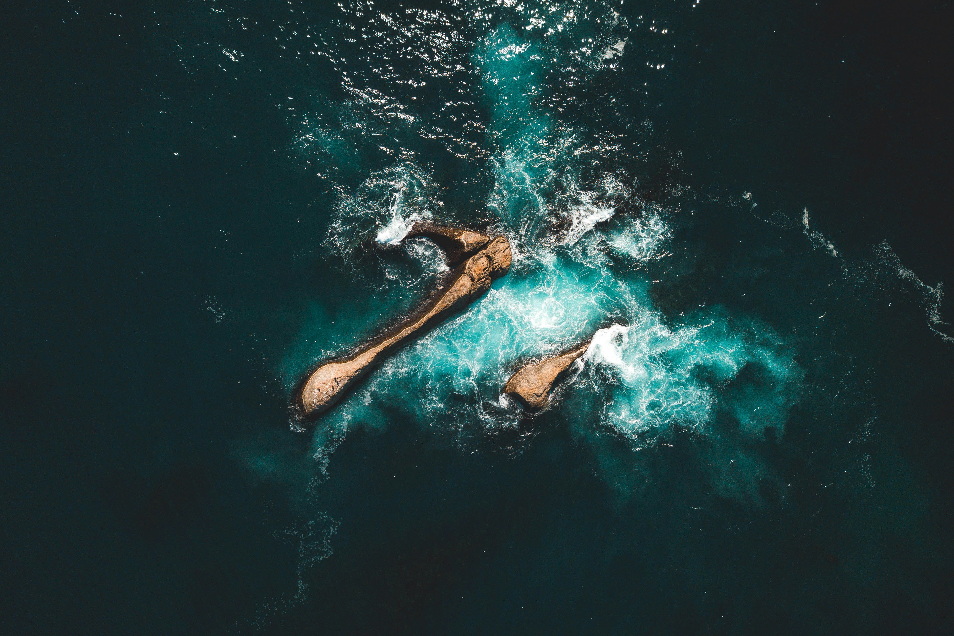 Aerial view of two whales swimming in deep blue water, creating swirling patterns with their movements.