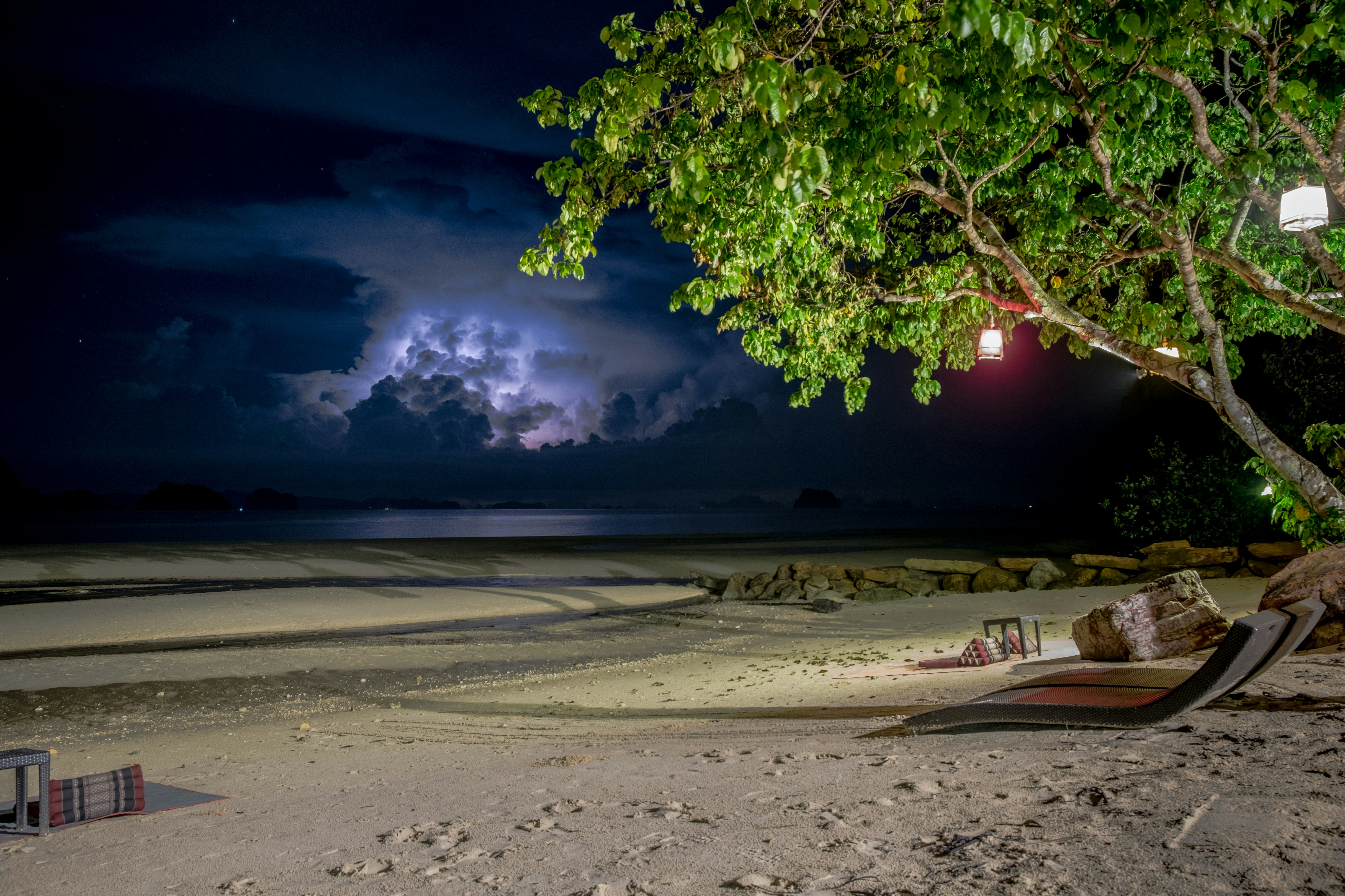 Illuminated storm clouds in the night sky over a serene beach with a tree in the foreground.