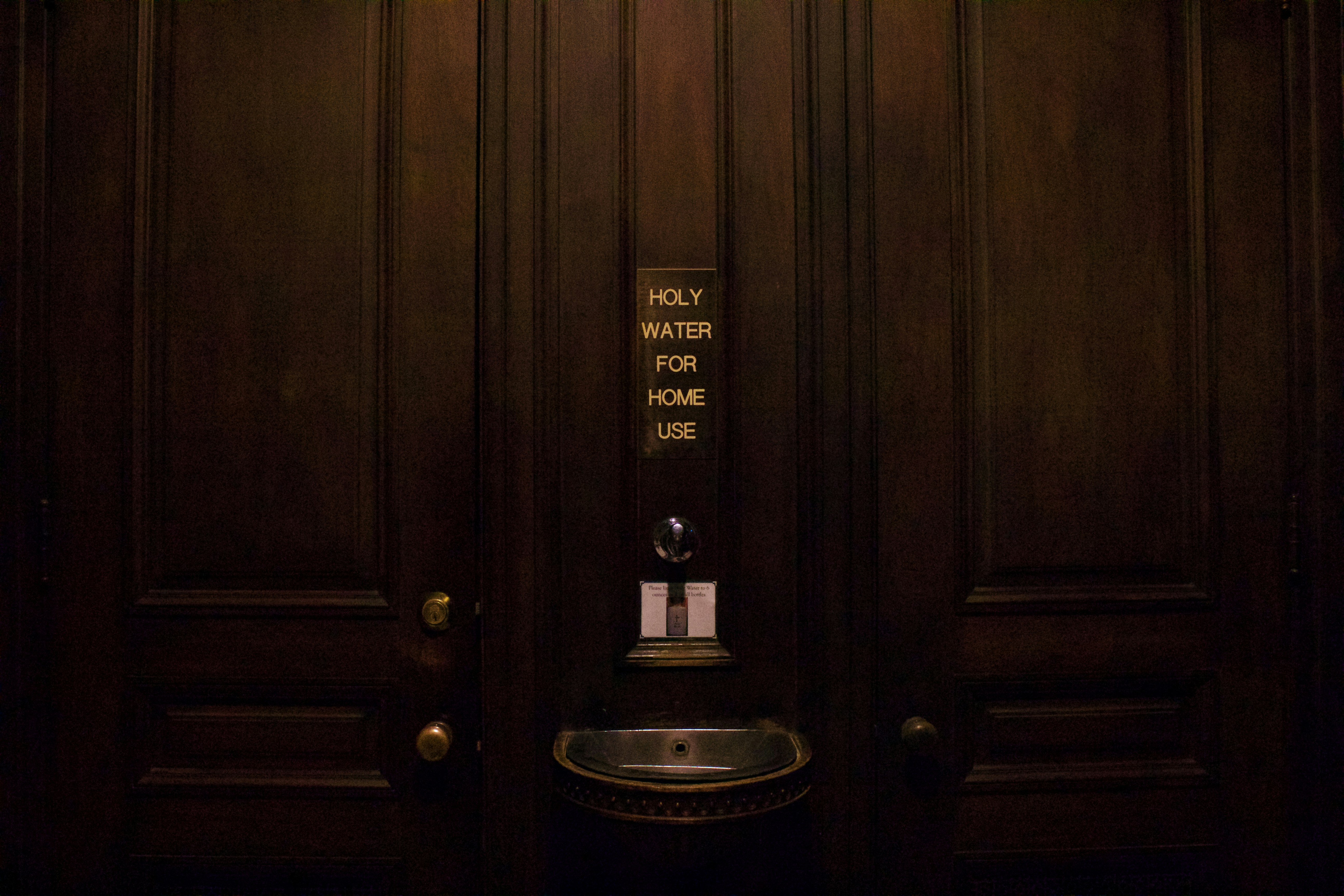 Ornate brown wooden door with intricate paneling and brass accents.