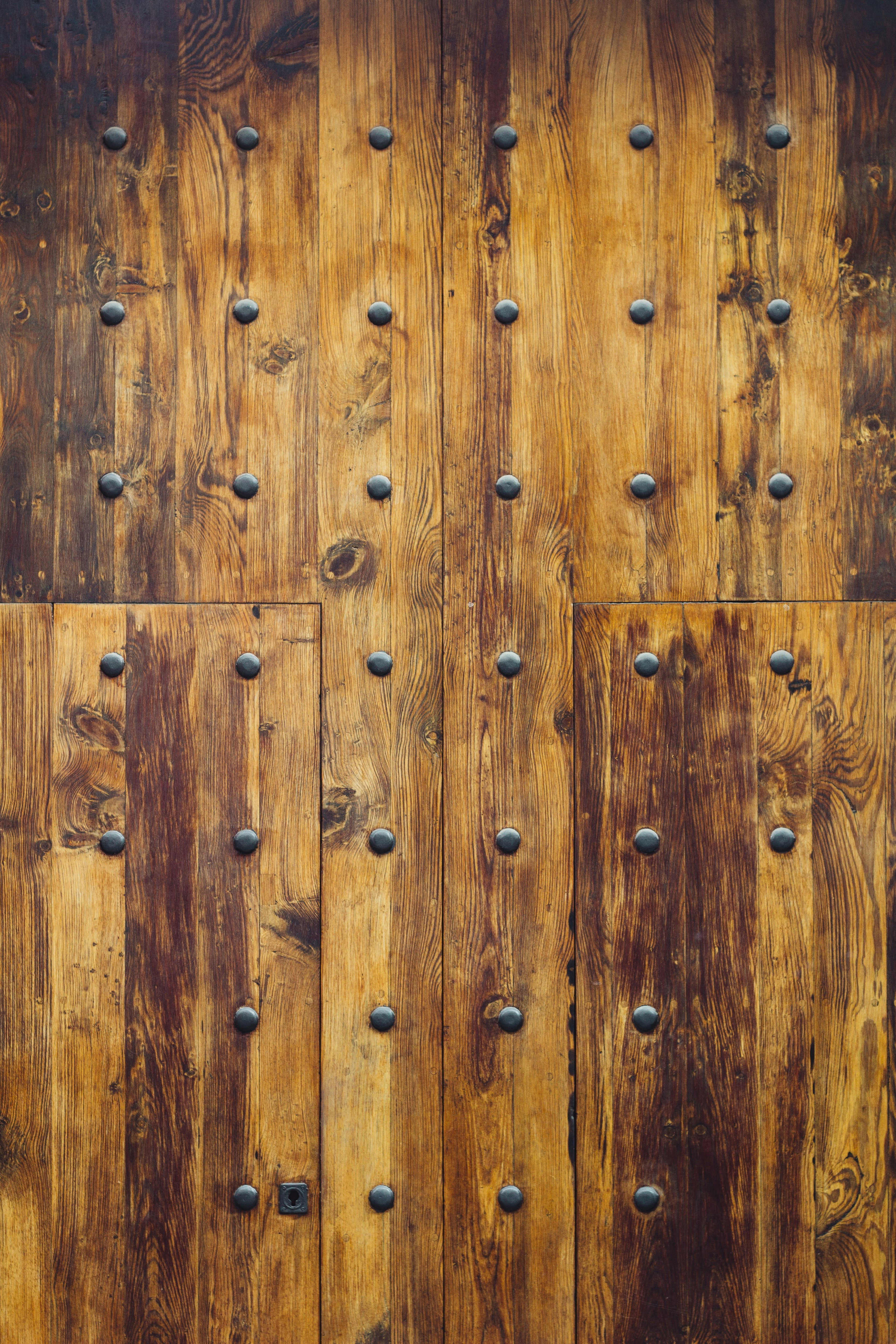 Rivets and Timber: A Weathered Oak Door in Grid Pattern