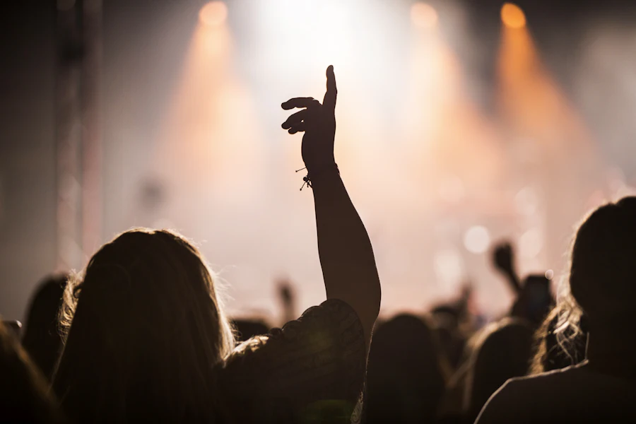 Silhouetted crowd facing a brightly lit stage, with one raised hand centered in the foreground. Warm orange and white spotlights glow through haze behind the audience.