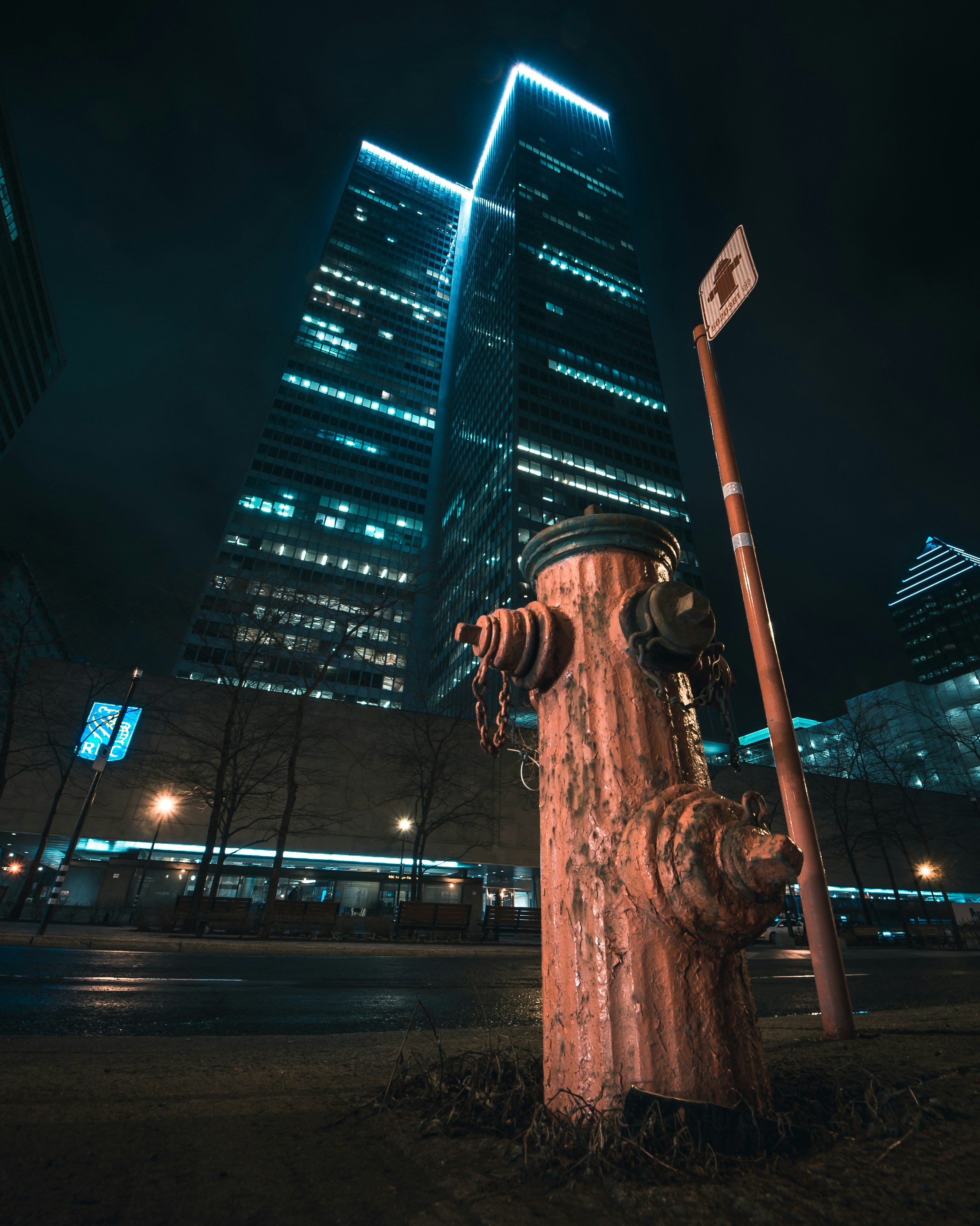 Iron Sentinel Under Neon Skyscrapers