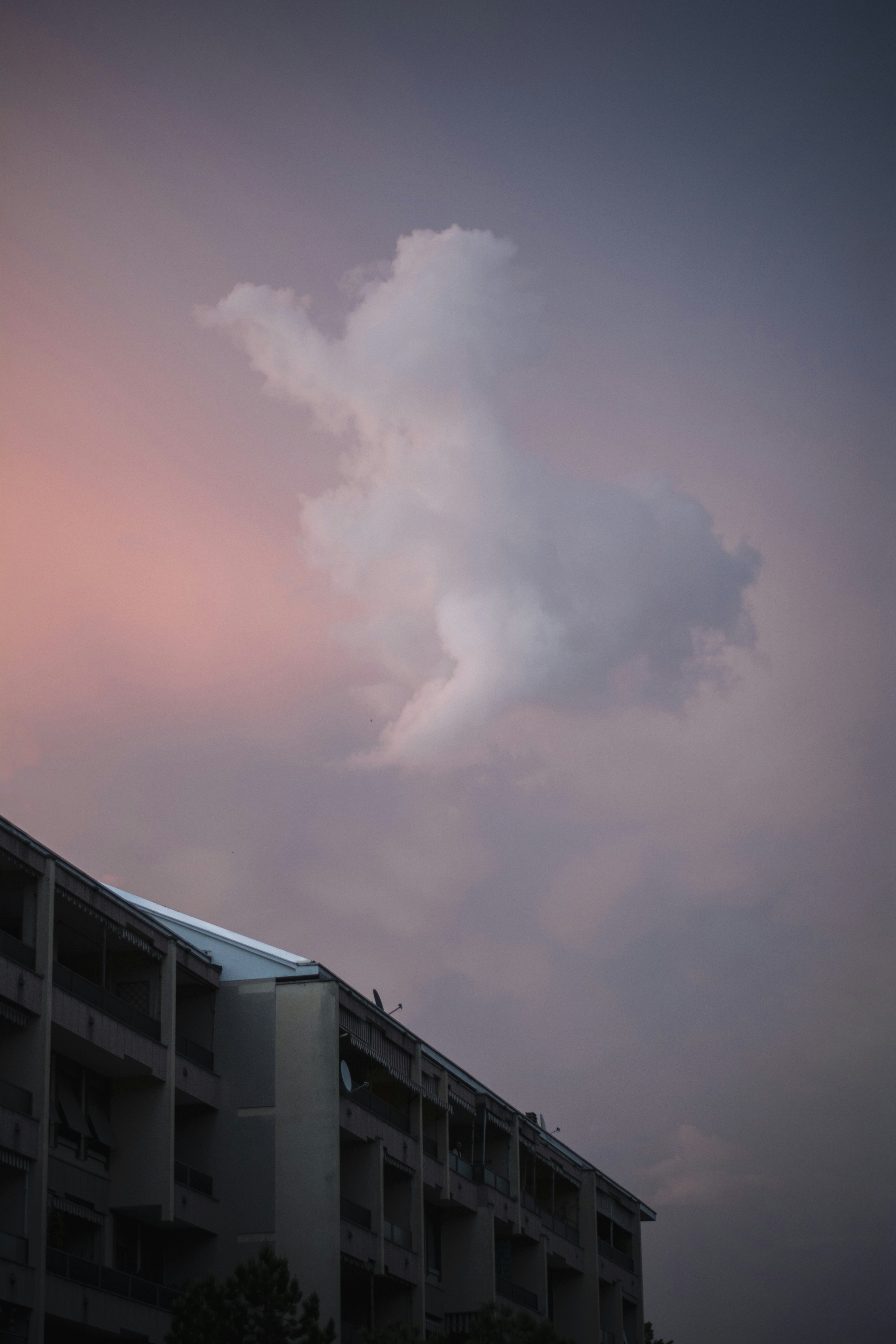 A cloud resembling a horse floats above a building, illuminated by soft twilight hues.