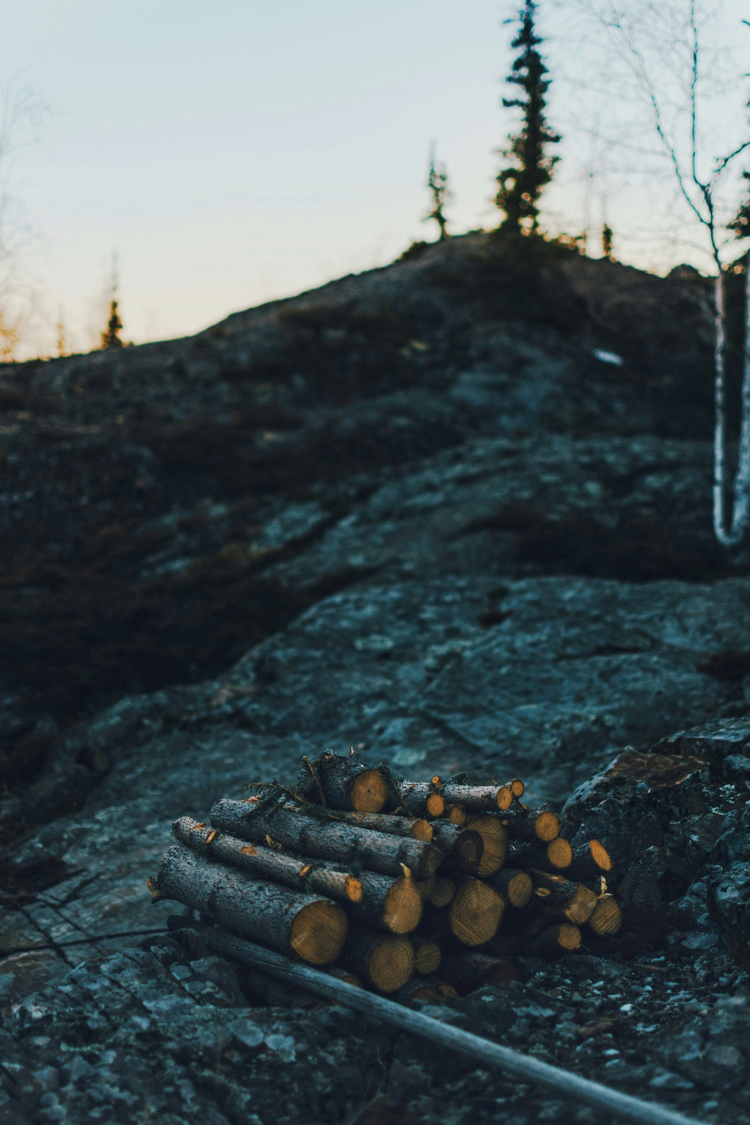 Stack of wood logs resting on rugged boulders at dusk.