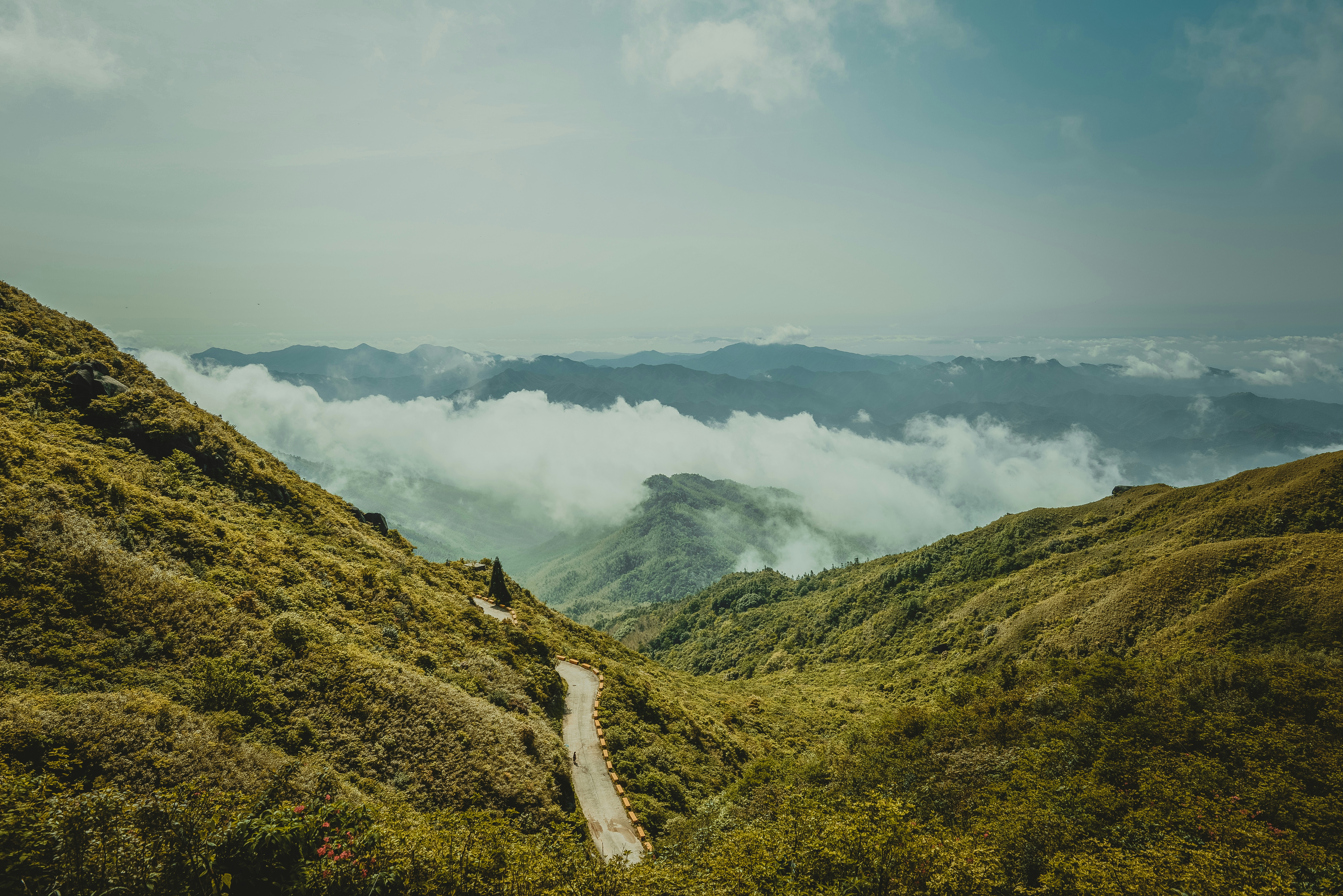 The morning of May13,2018
Liuyang great wai mountain scenic spot in hunan province,china.
The white clouds are spectacular through the mountains. | asphalt road between trees