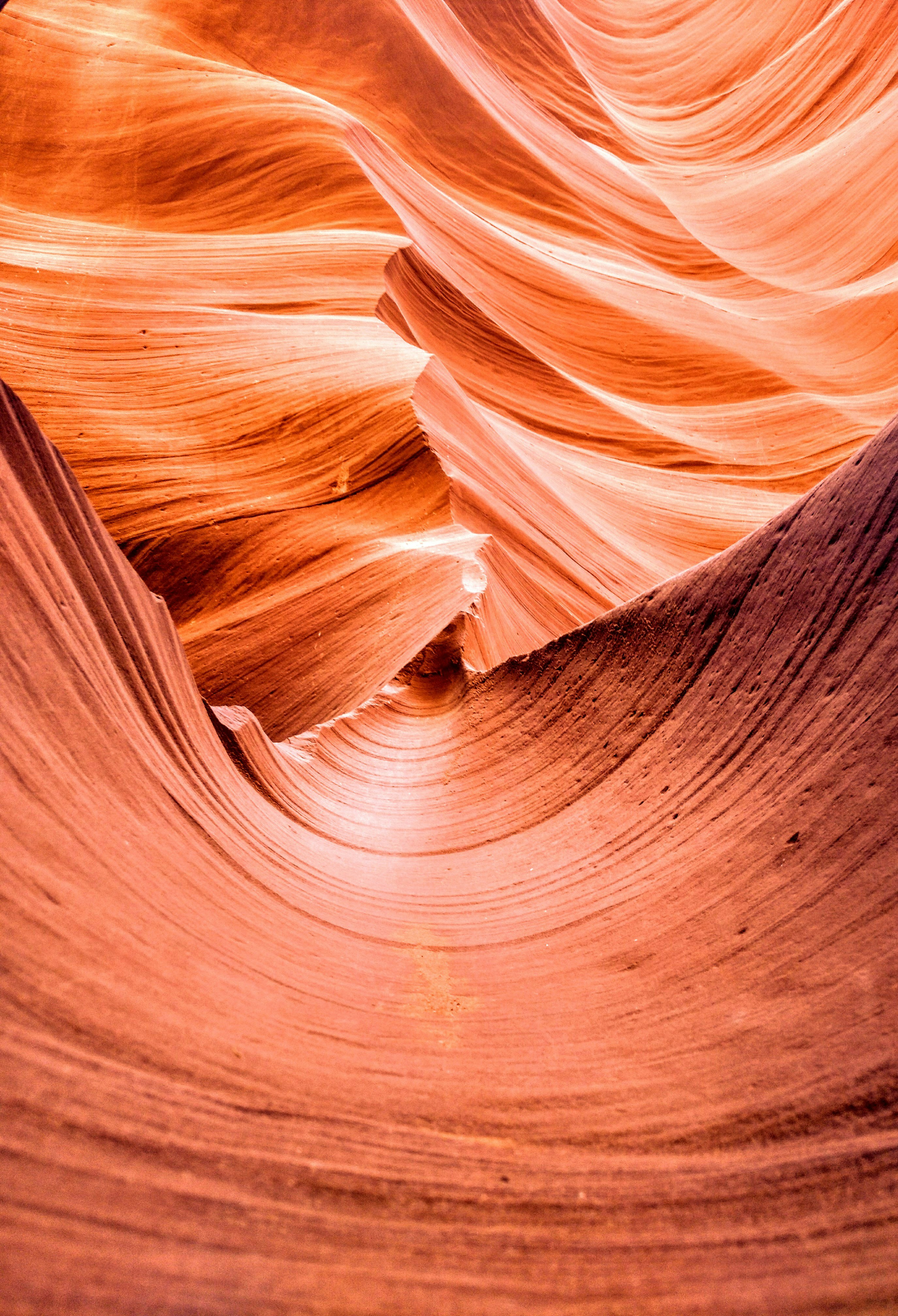 Sunlight illuminates the swirling red and orange sandstone walls of a narrow canyon.