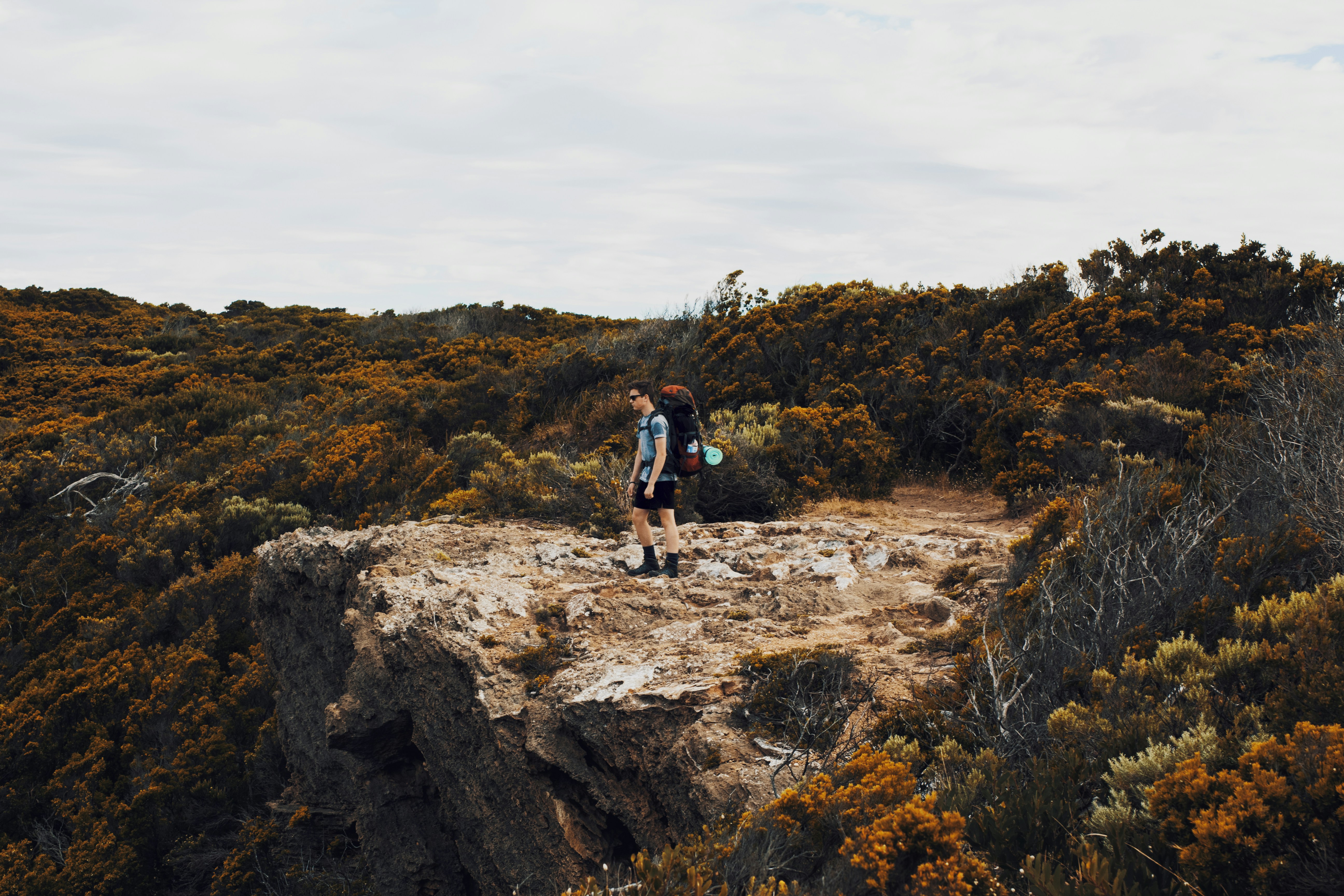 Two hikers standing on a rocky outcrop surrounded by lush, autumn-toned vegetation. The expansive landscape stretches into the distance.