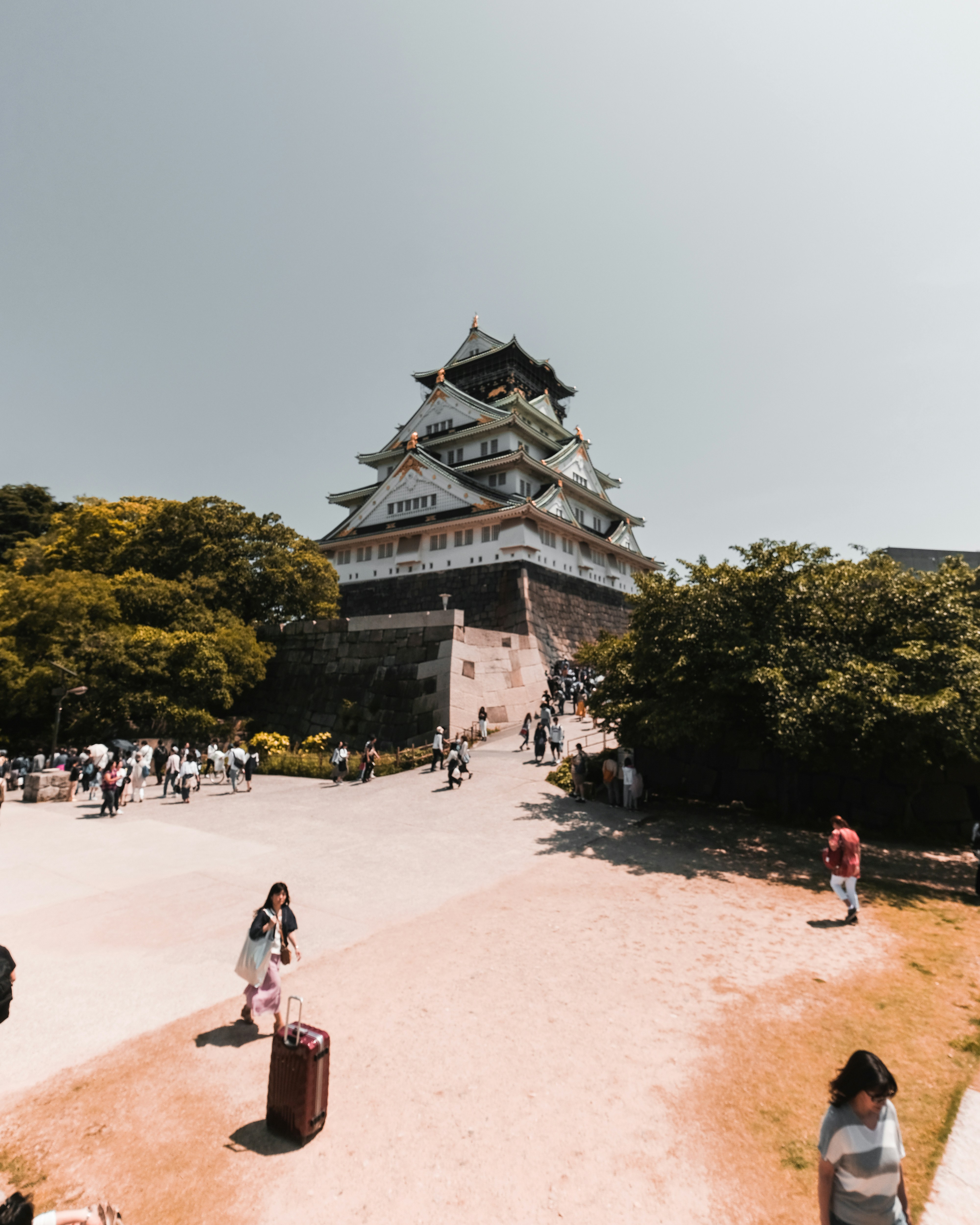 Osaka Castle stands majestically amidst lush greenery, with visitors making their way up the path towards its grand entrance.