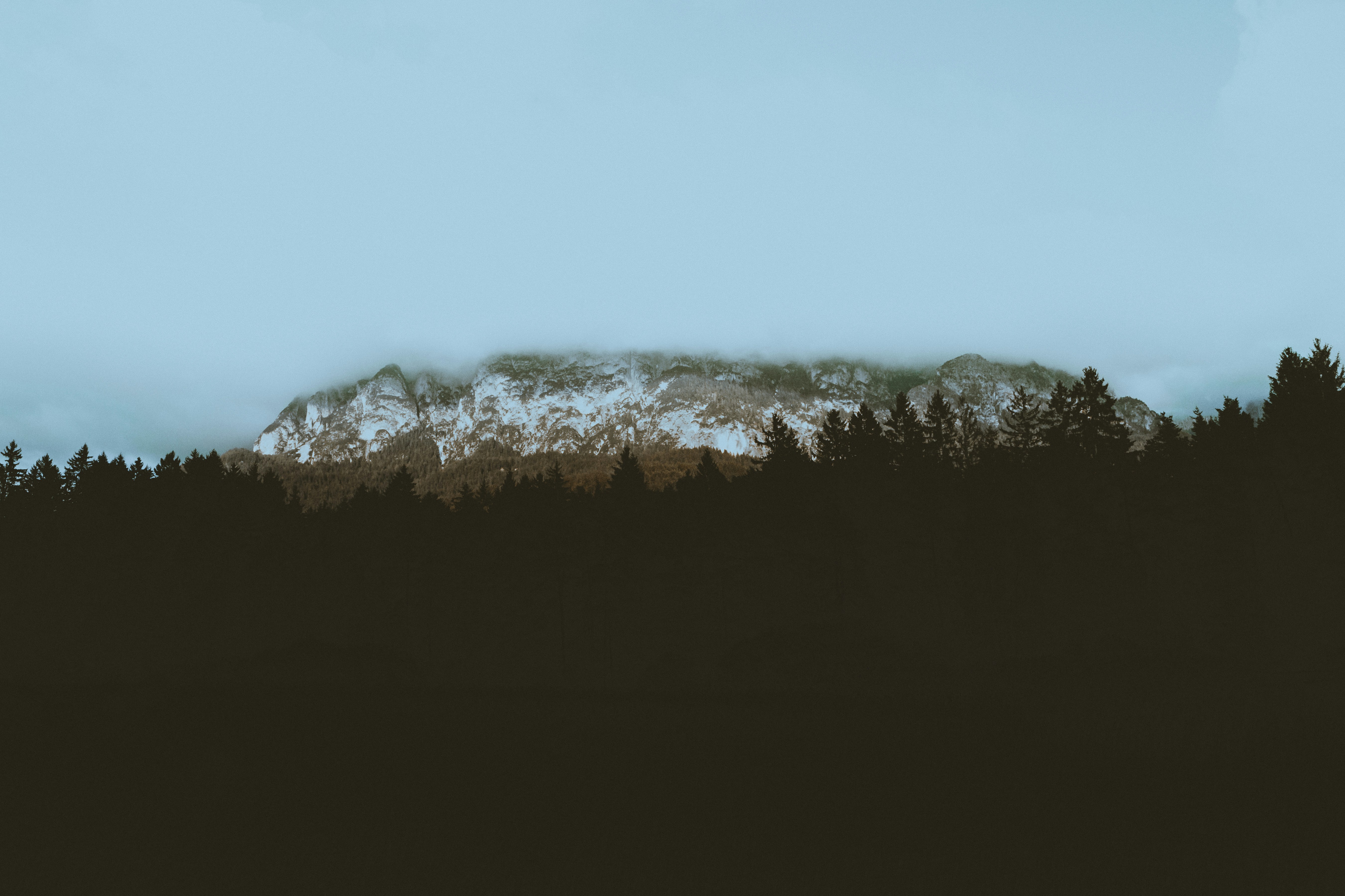 Snow-capped mountain peaks shrouded in mist rise above a dark forest silhouette under a pale blue sky.