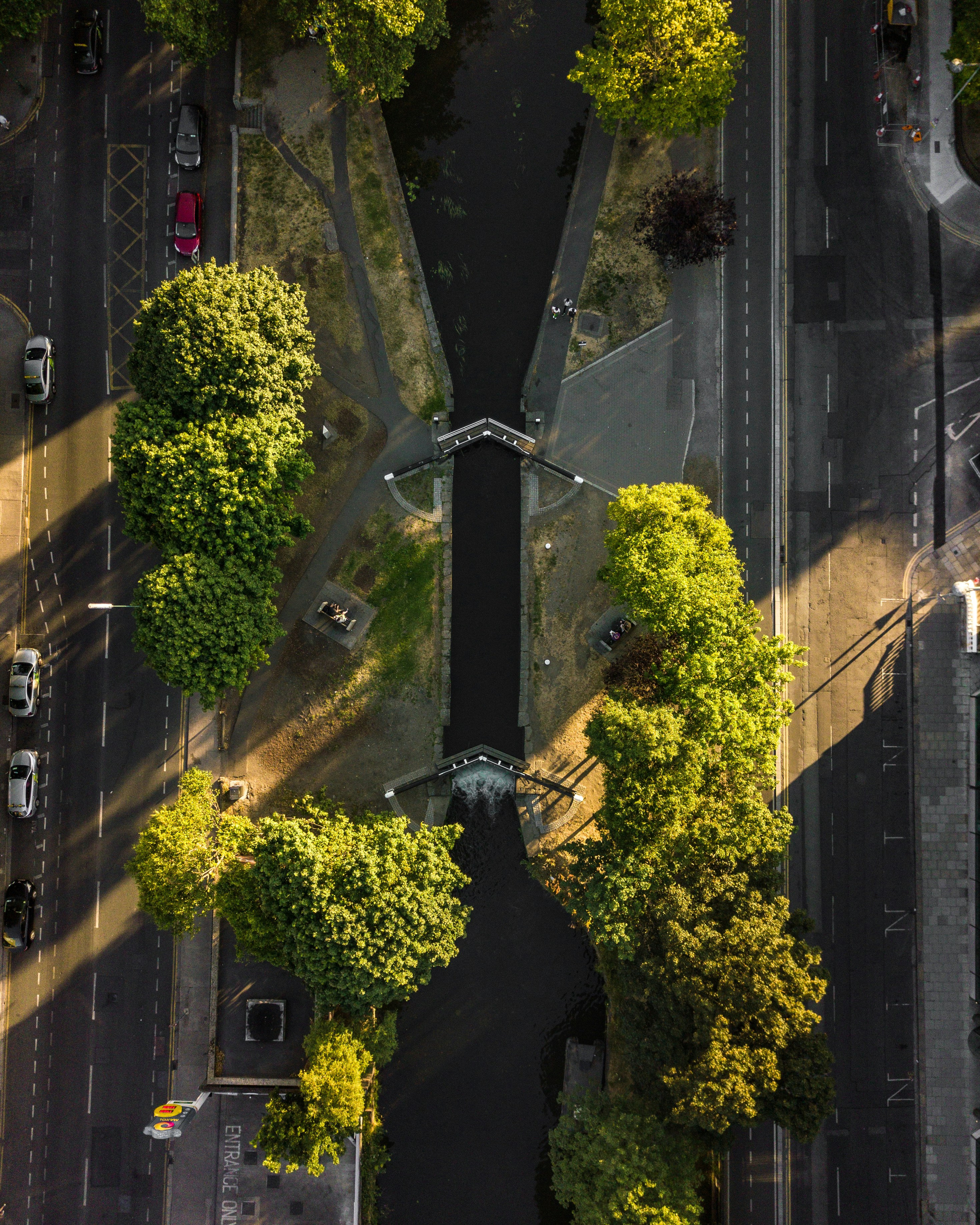 Aerial view of a tranquil canal bordered by lush trees, intersecting with city streets and vehicles. The scene captures a harmonious blend of nature and urban life.