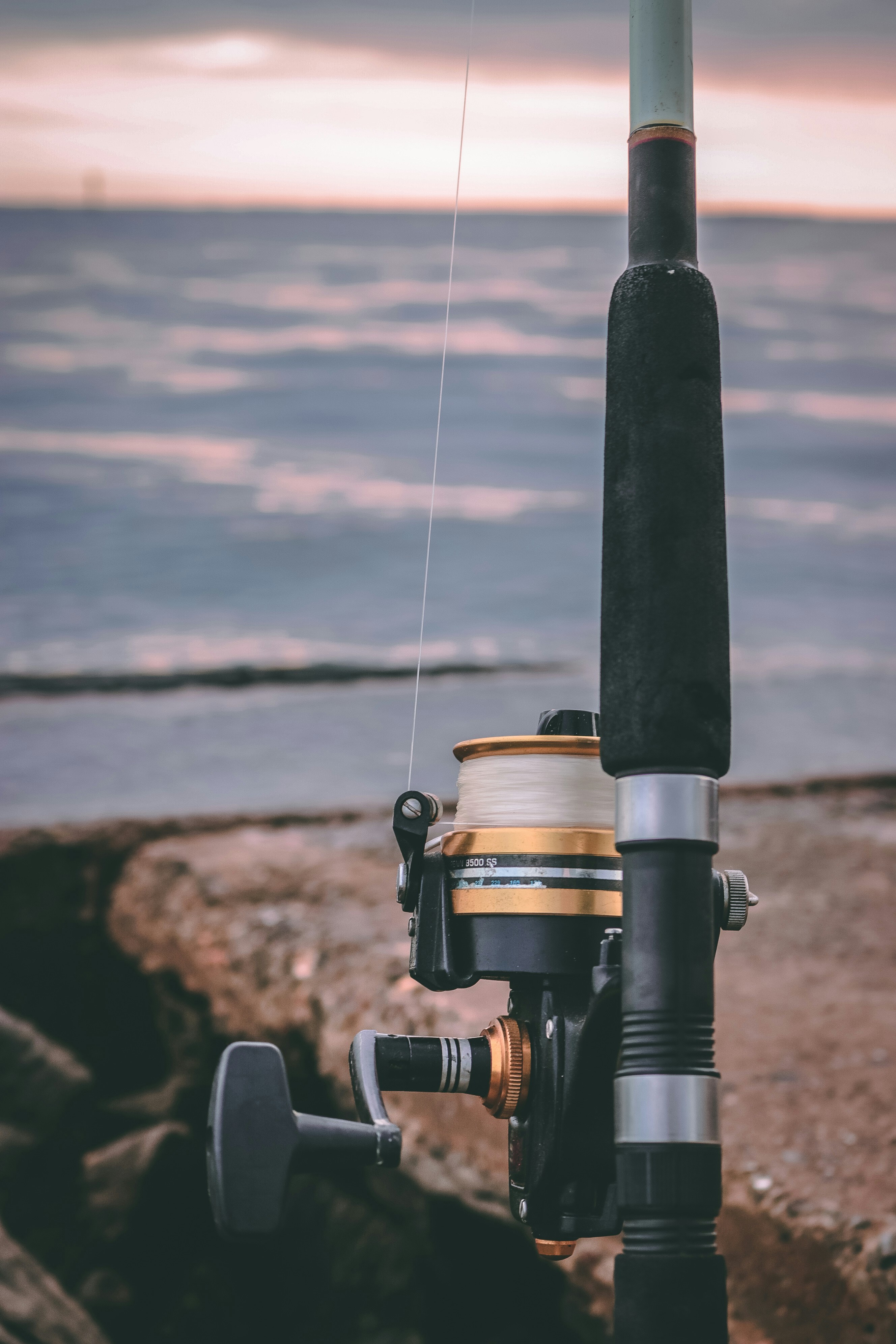 Fishing rod and reel poised against a serene seascape at dusk, capturing the essence of tranquility and anticipation.