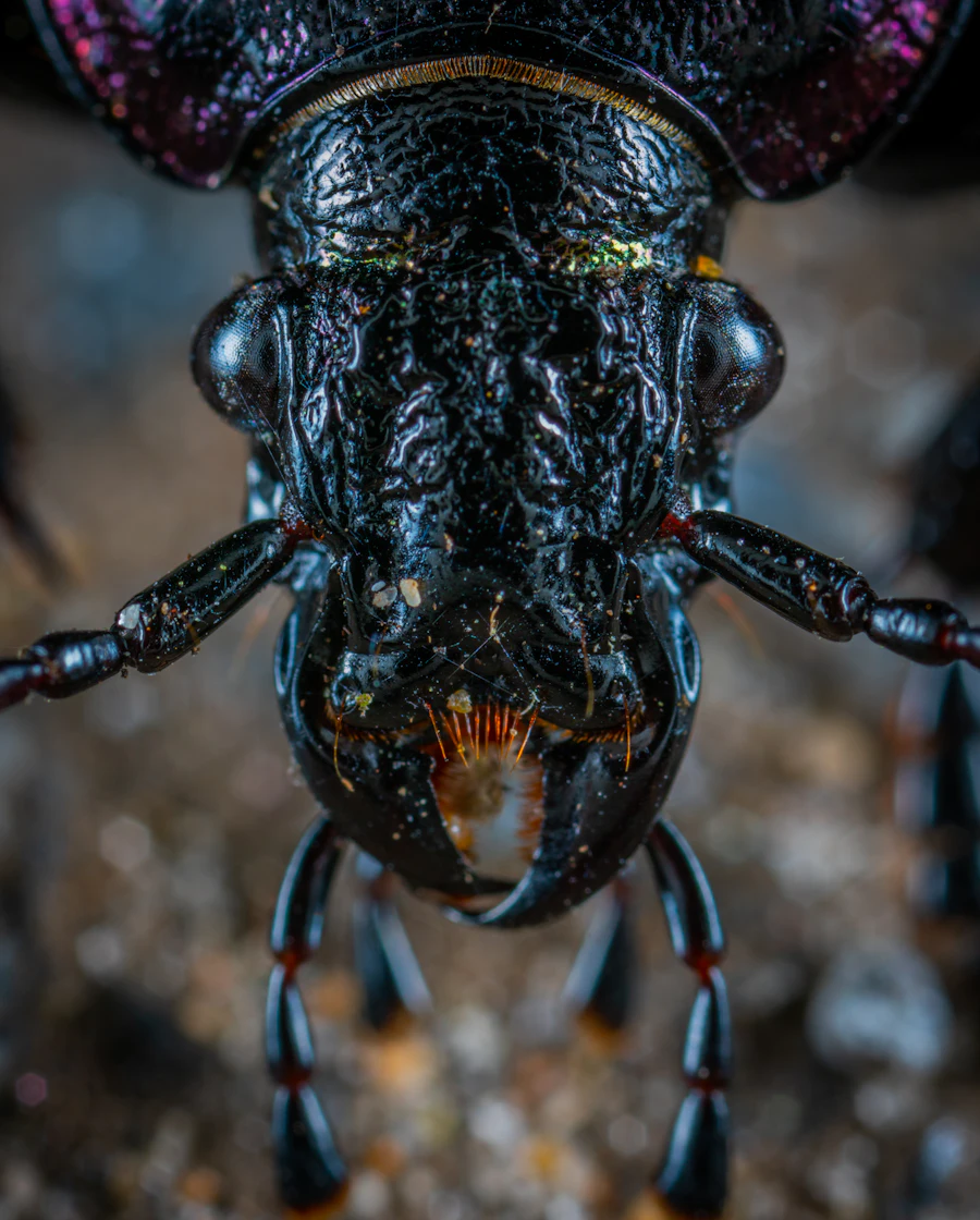 Extreme close-up of a glossy black beetle with iridescent purple highlights and textured head, centered against a blurred natural background.