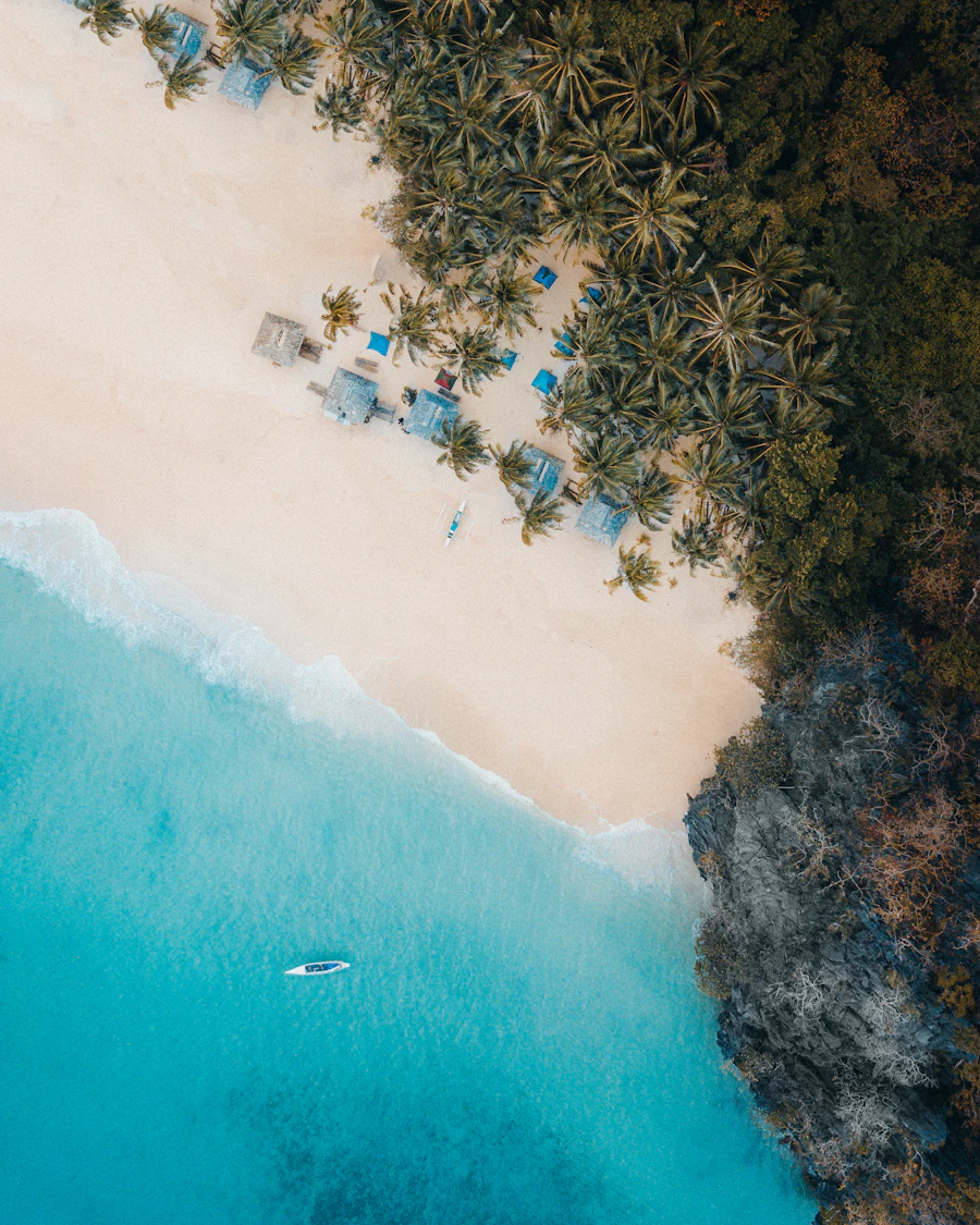 Aerial view of a tropical beach with turquoise water, white sand, palm trees, and a few small huts near the shoreline. A lone boat floats in the clear shallows below the coast.
