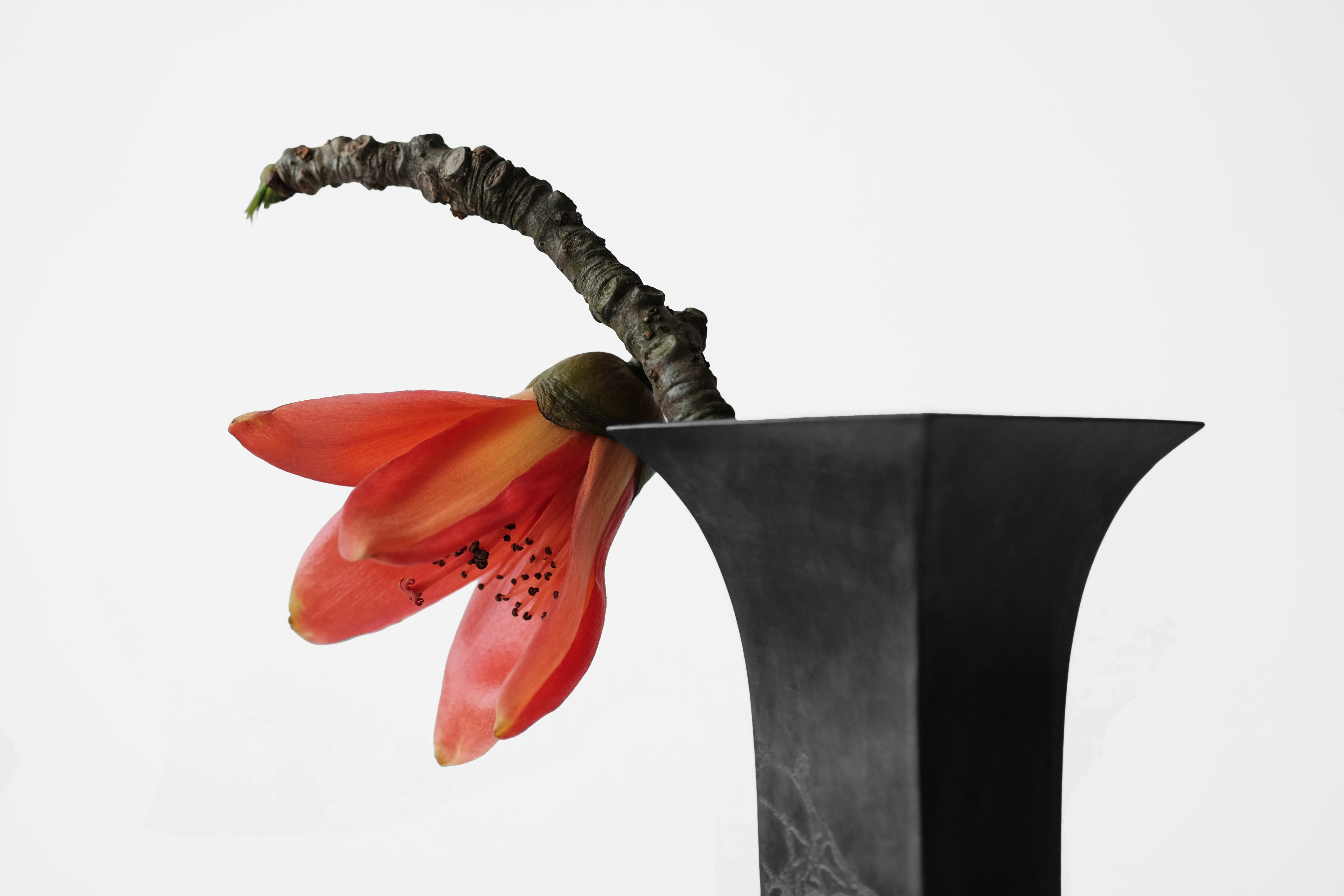 Red flower with drooping stem in a black geometric vase against a white background.