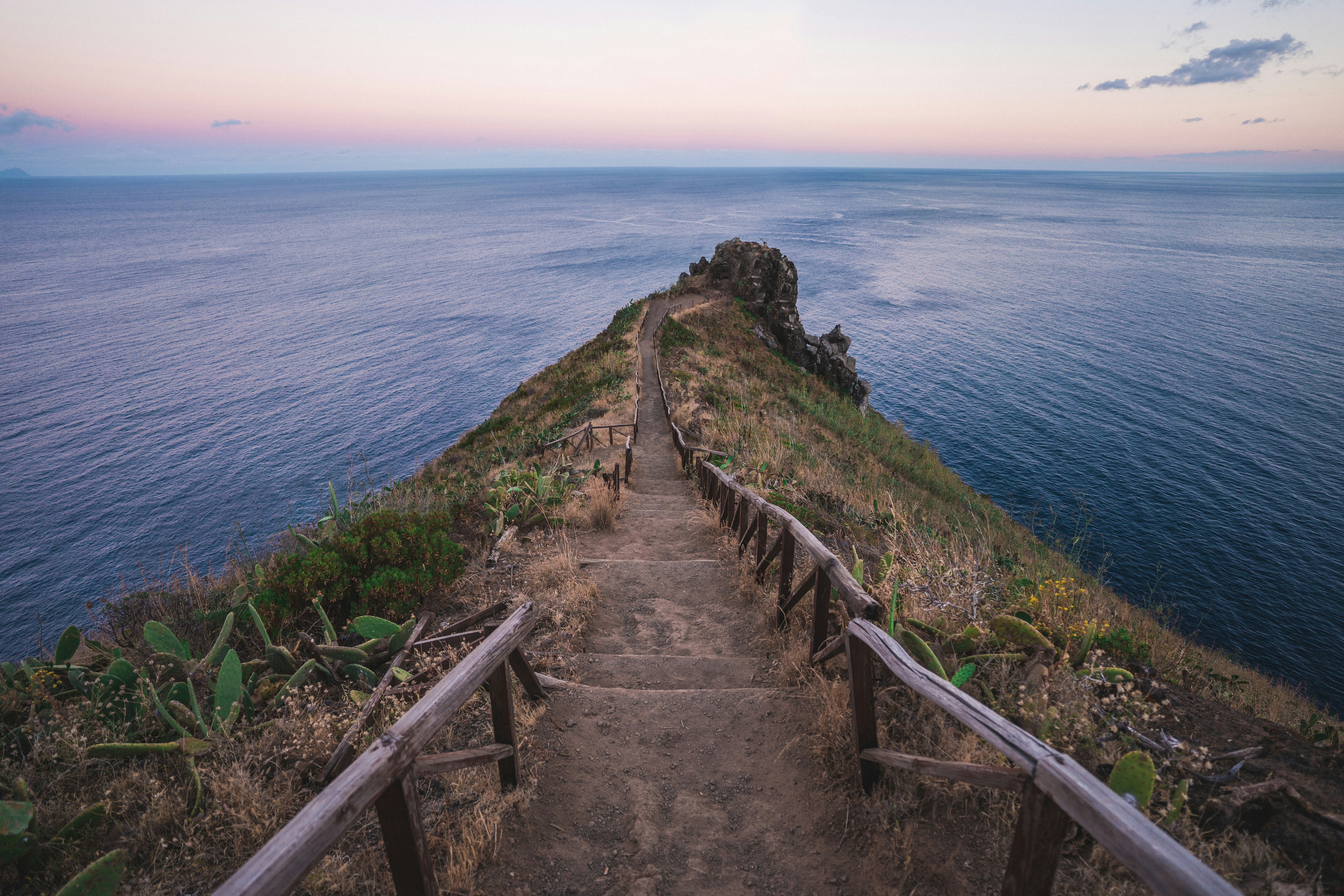 Wooden steps descend along a narrow cliffside path overlooking the expansive ocean under a pastel sky.