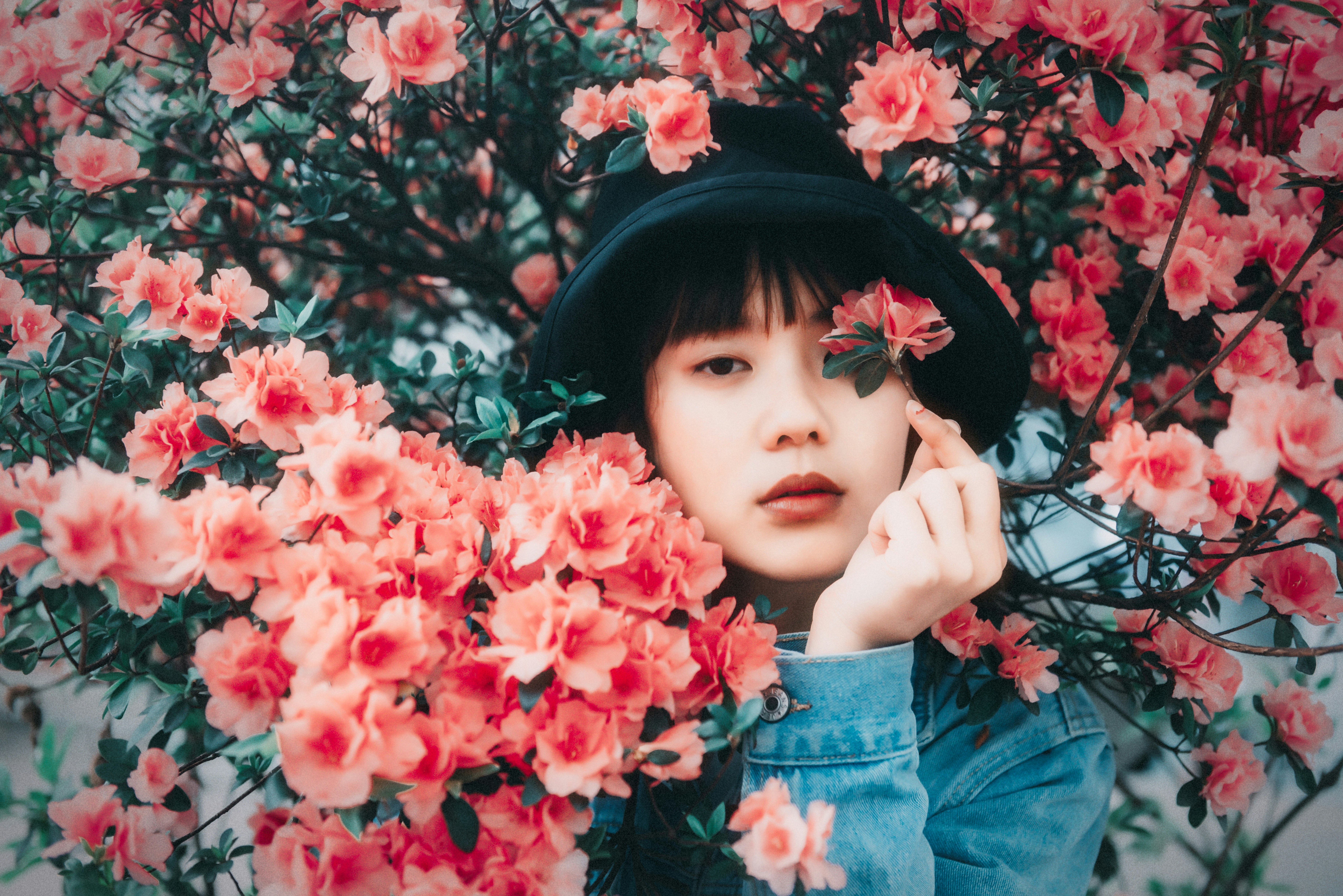 A young woman with a black hat gently holds a pink flower, surrounded by vibrant azalea blossoms. The scene evokes a sense of tranquility and connection with nature.