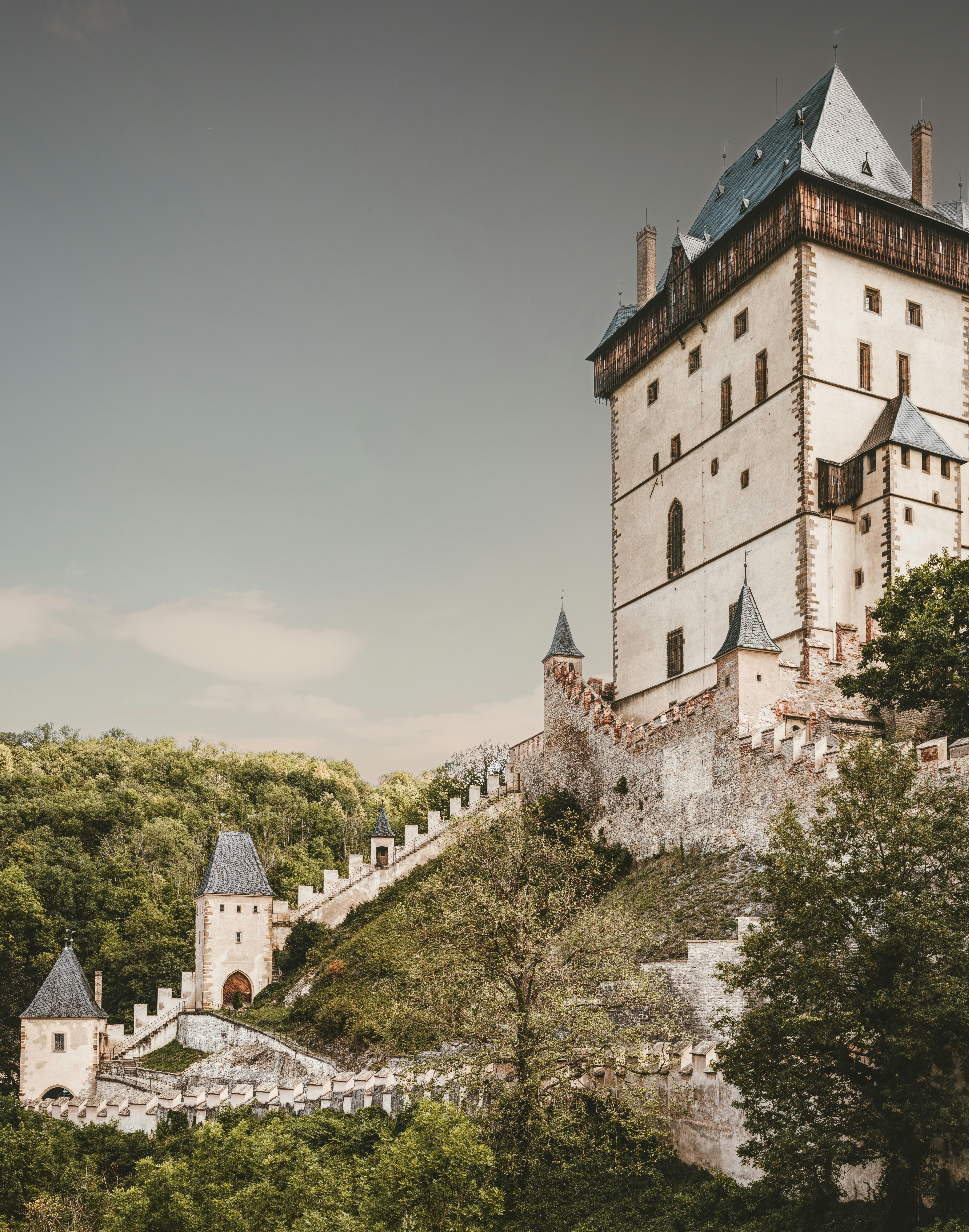 Majestic castle perched on a hillside, surrounded by lush greenery and ancient stone walls. The structure showcases a blend of medieval architecture and natural beauty.