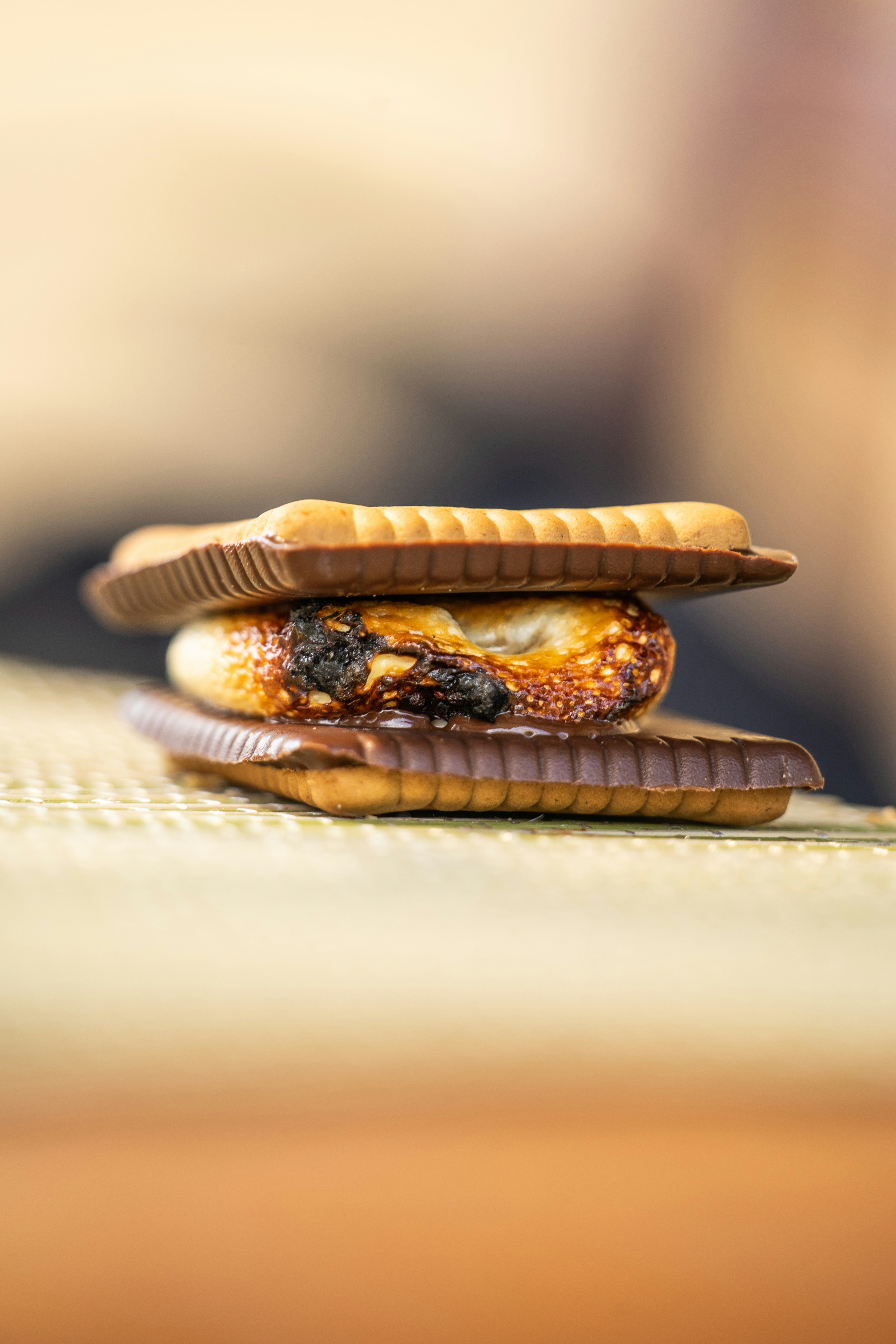 Tiny Stack of Chocolate-Filled Wafer Cookies in Warm Focus