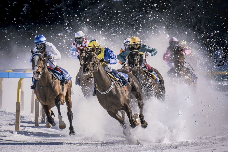 Horse race in Sankt Moritz called White Turf. It take place every year on the iced lake of Sankt Moritz. | a group of men riding on the backs of horses