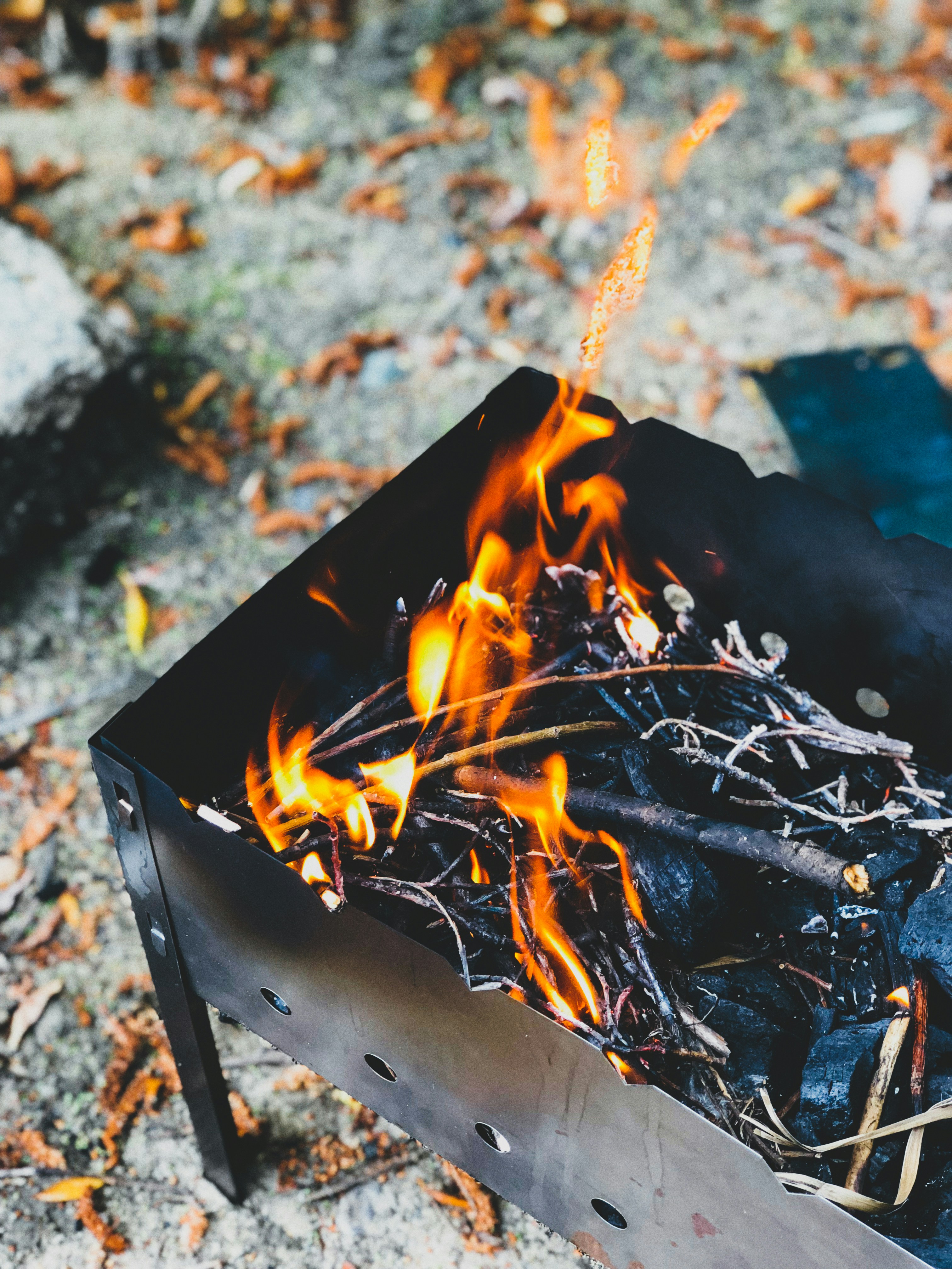 Embers in a Folded Box: A Compact Campfire Amid Autumn Leaves