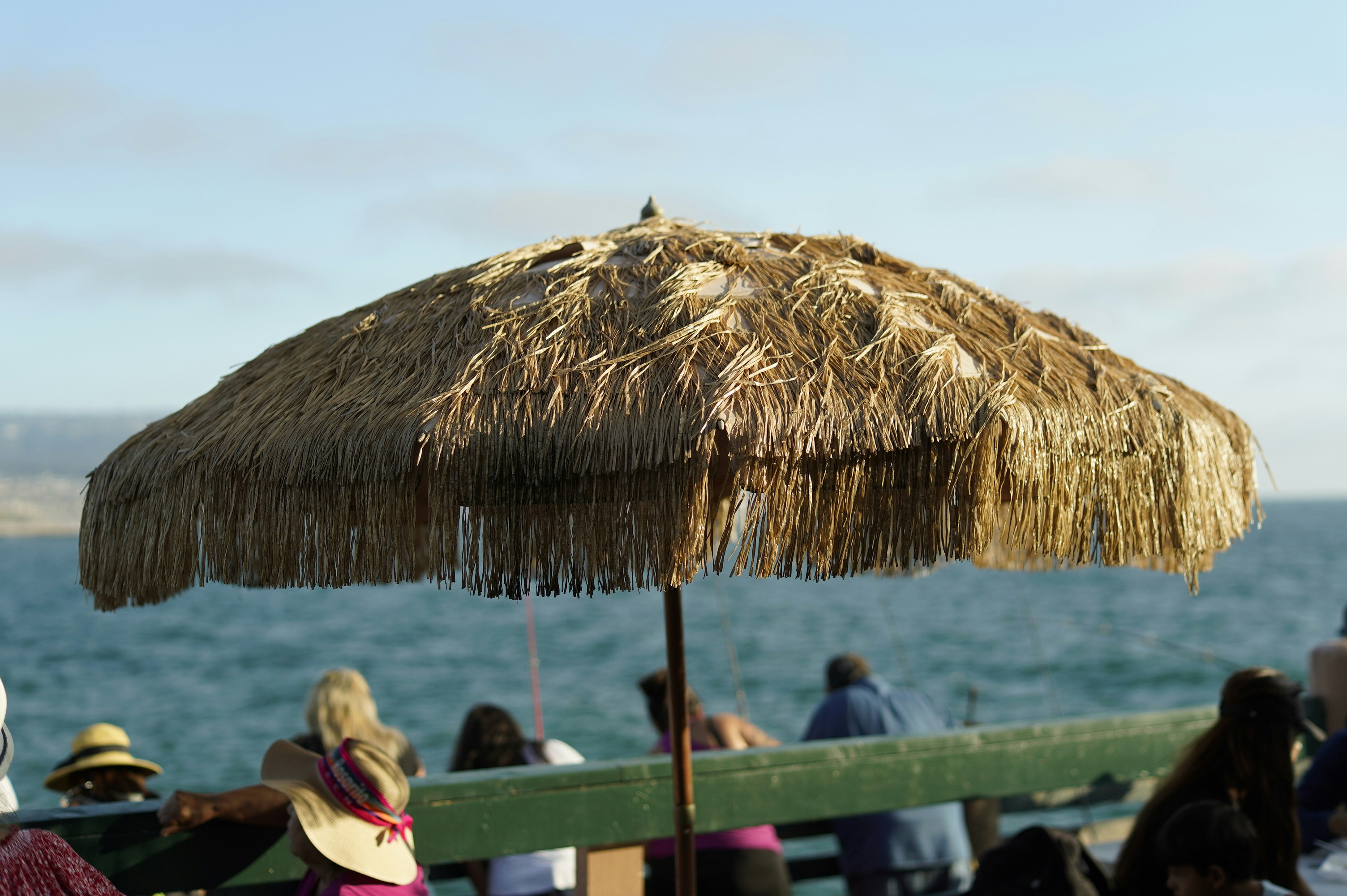 Straw beach umbrella shading people overlooking the ocean on a sunny day.