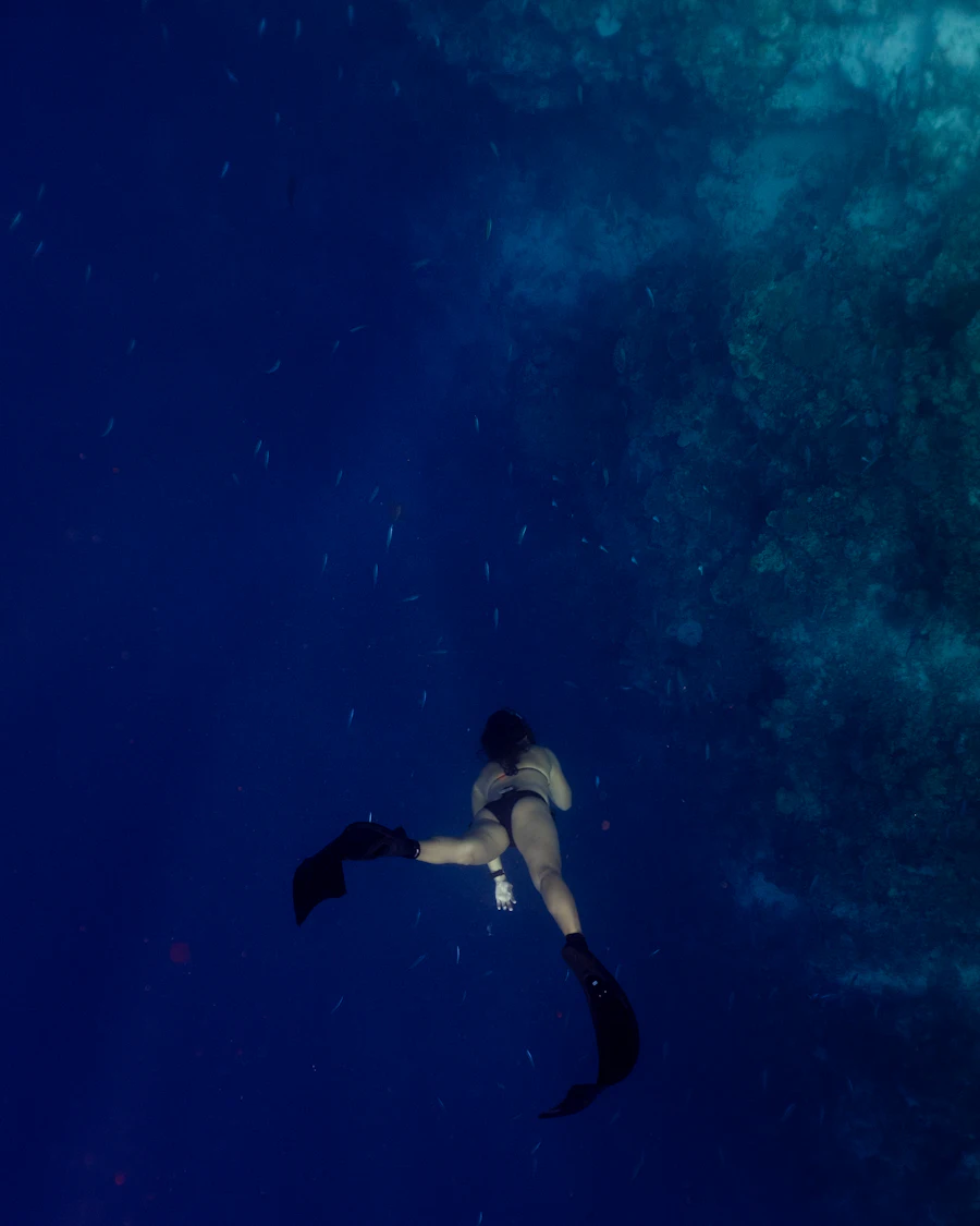 A snorkeler or diver floats below in deep blue water, fins trailing behind as sunlight filters through the surface above. The scene feels quiet and vast, with speckled particles drifting in the water.
