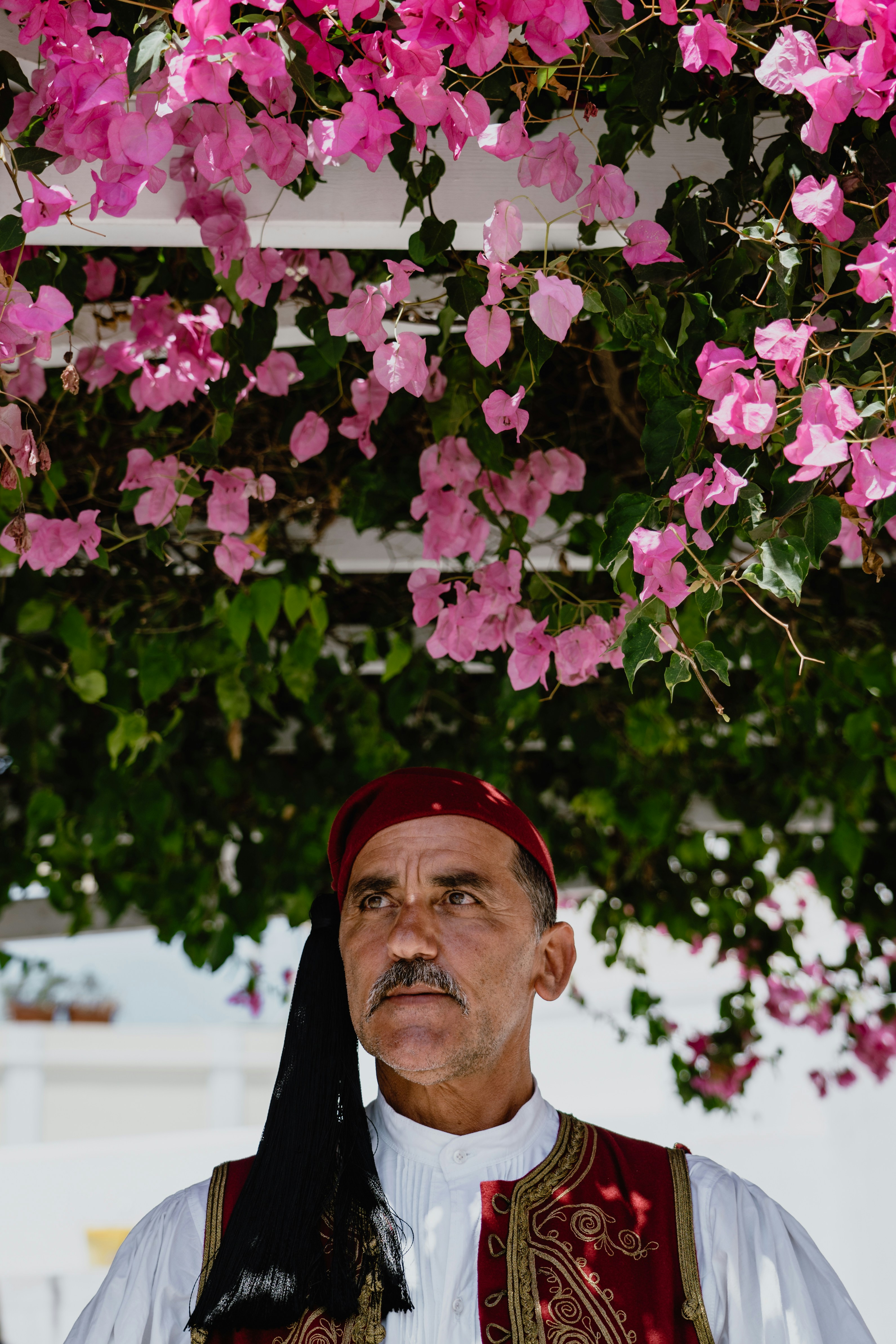 A man in traditional attire stands under vibrant pink bougainvillea, reflecting cultural heritage amidst natural beauty.