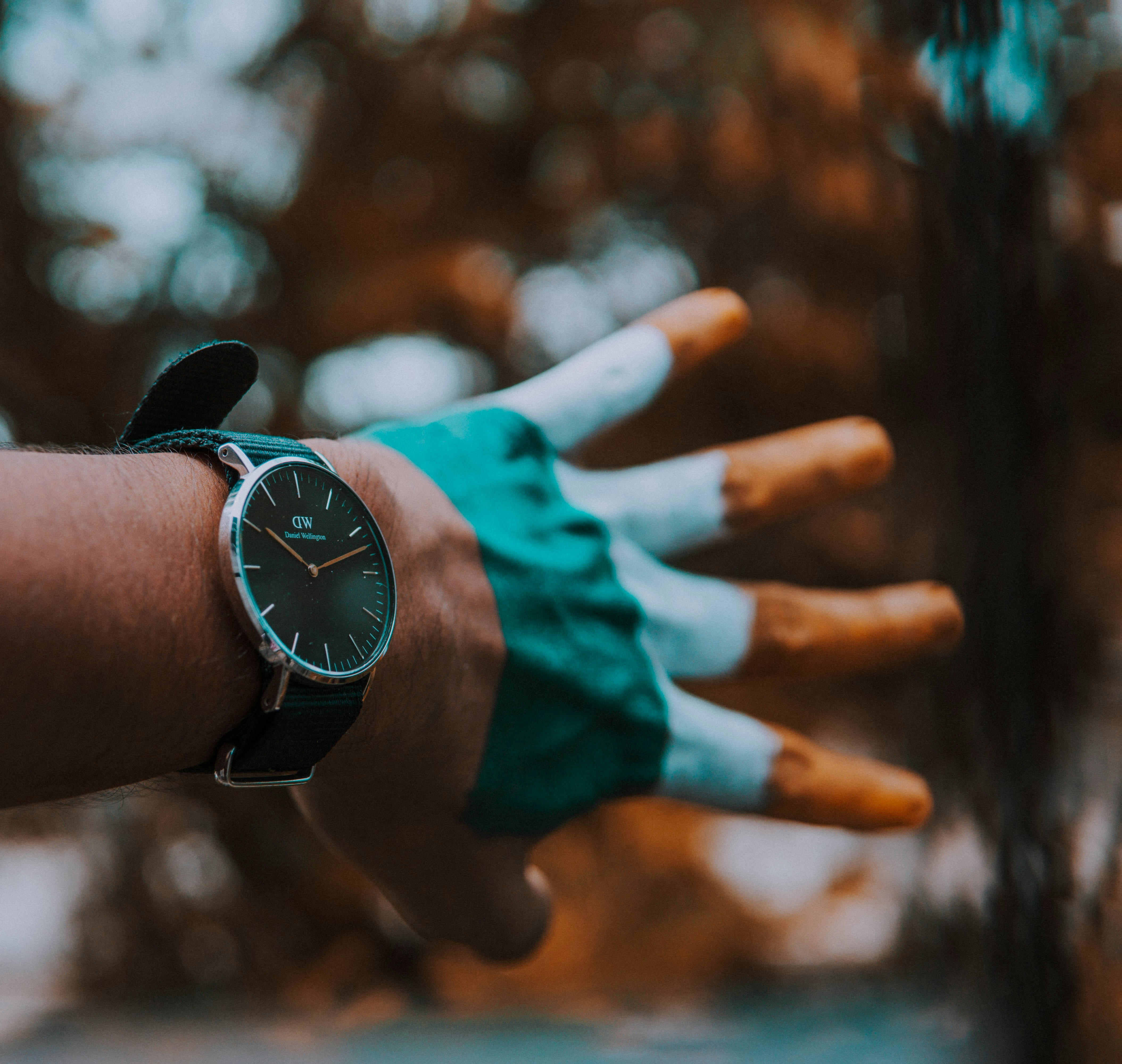 Time on the Wrist: A teal-gloved hand Reaches Through a Shallow Forest Frame