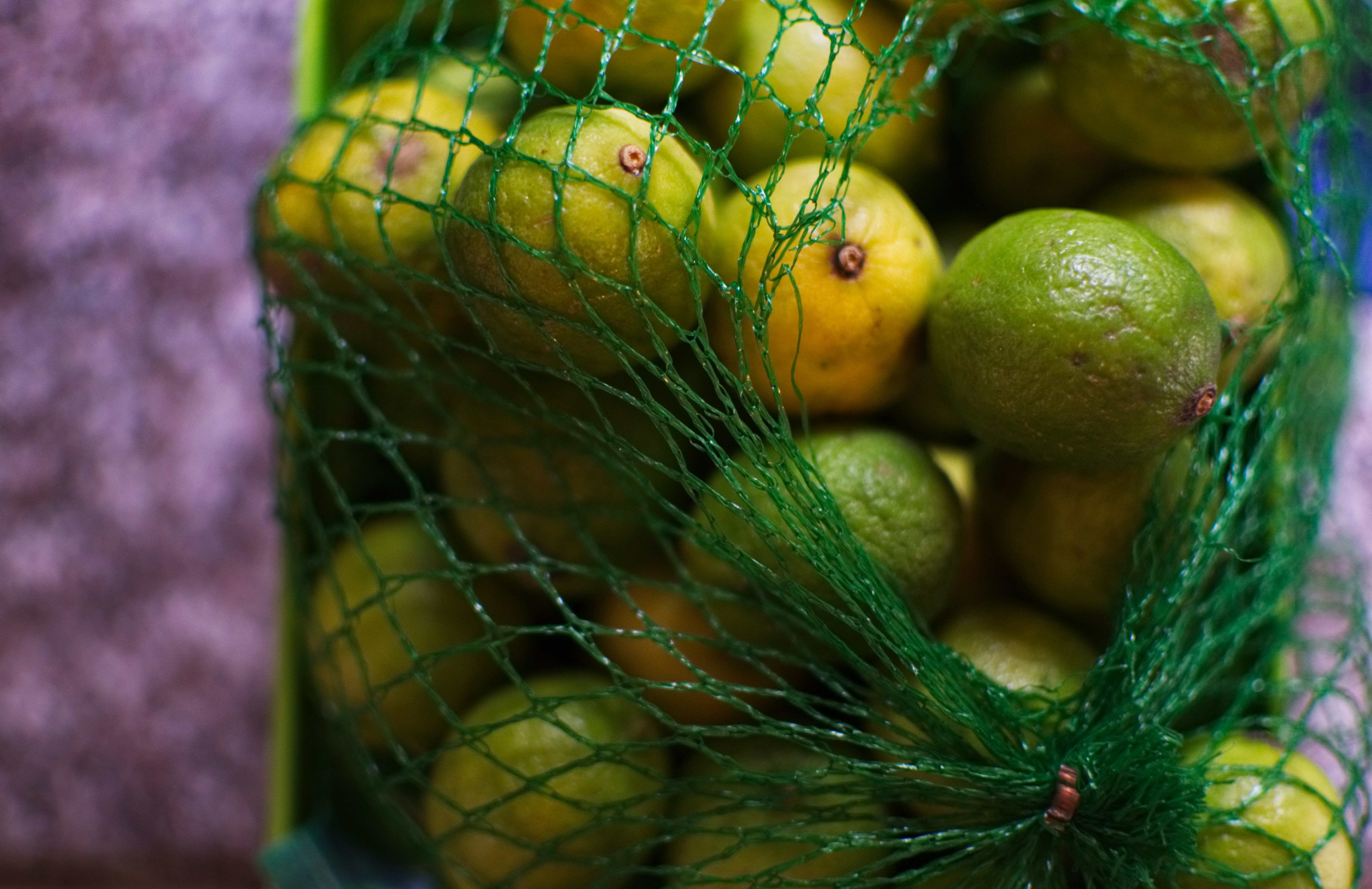 Lemons in a Green Mesh Bag: a close-up citrus study