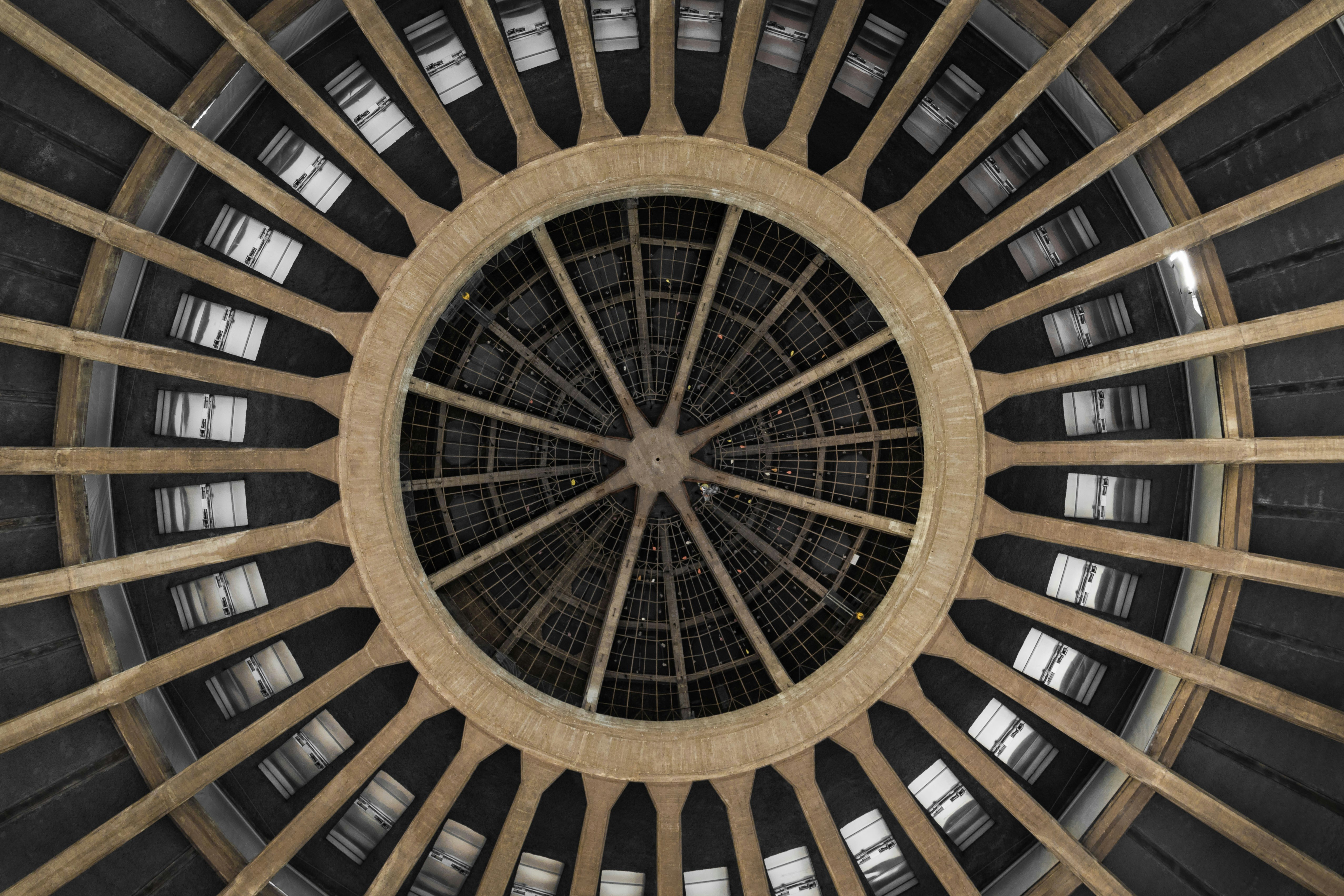 Intricate geometric patterns of the Centennial Hall dome captured from below.