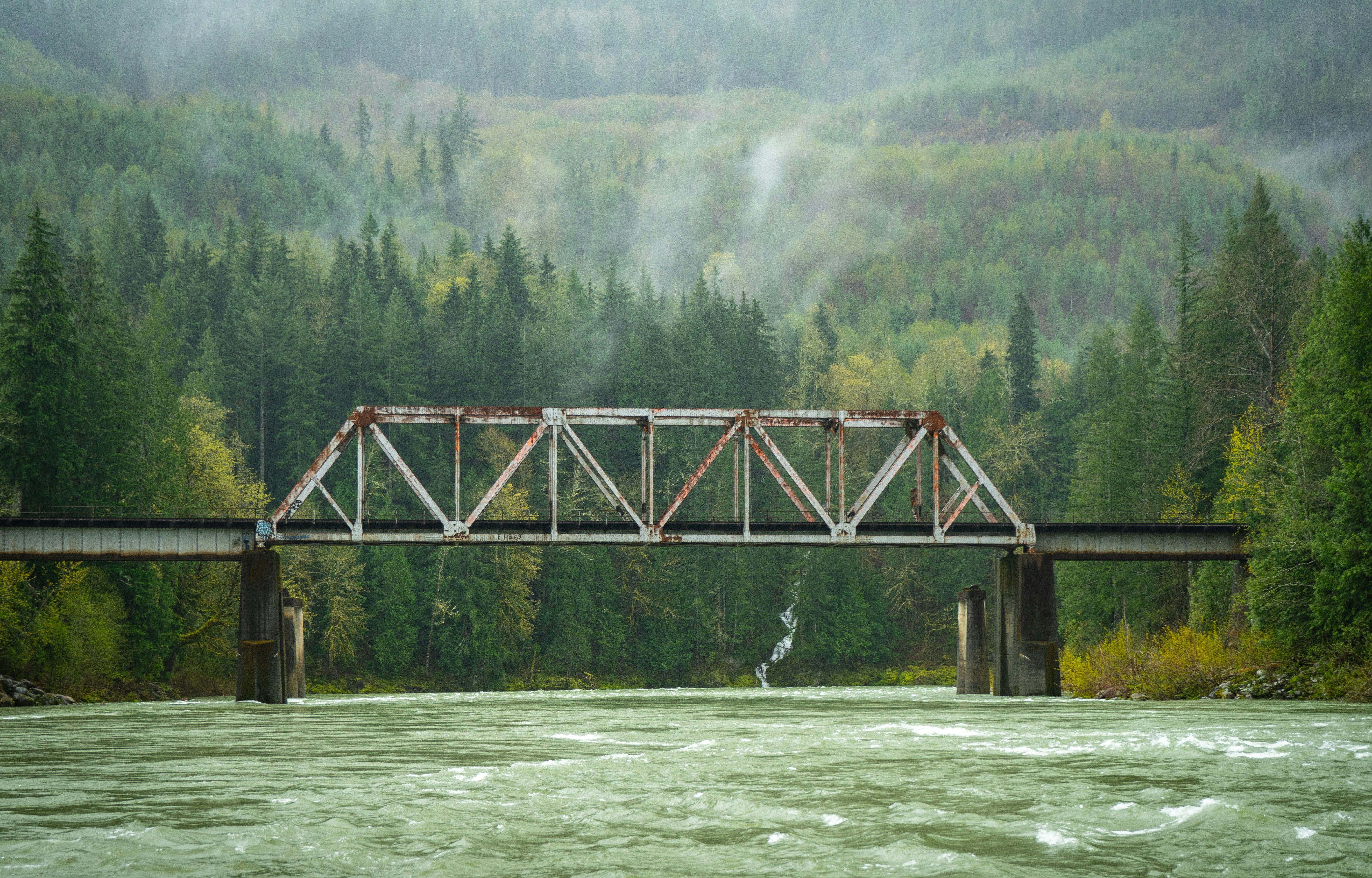 I love rusty old train bridges and spotted this one above this silty-green river. Had to get a bit wet to get the angle I wanted (and the river was moving quick!) | gray and black metal bridge near forest painting