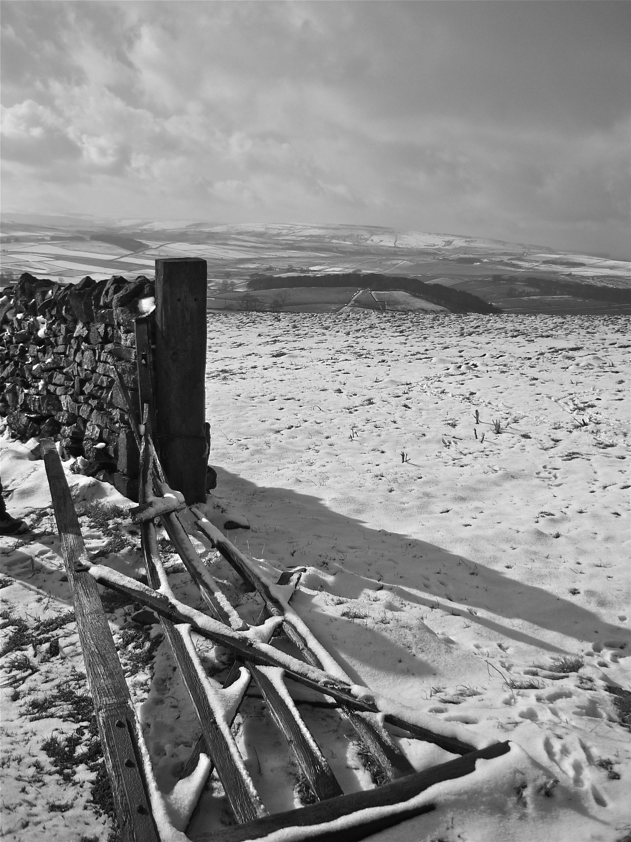 Snowbound Fence and Distant Farm under Aged Sky
